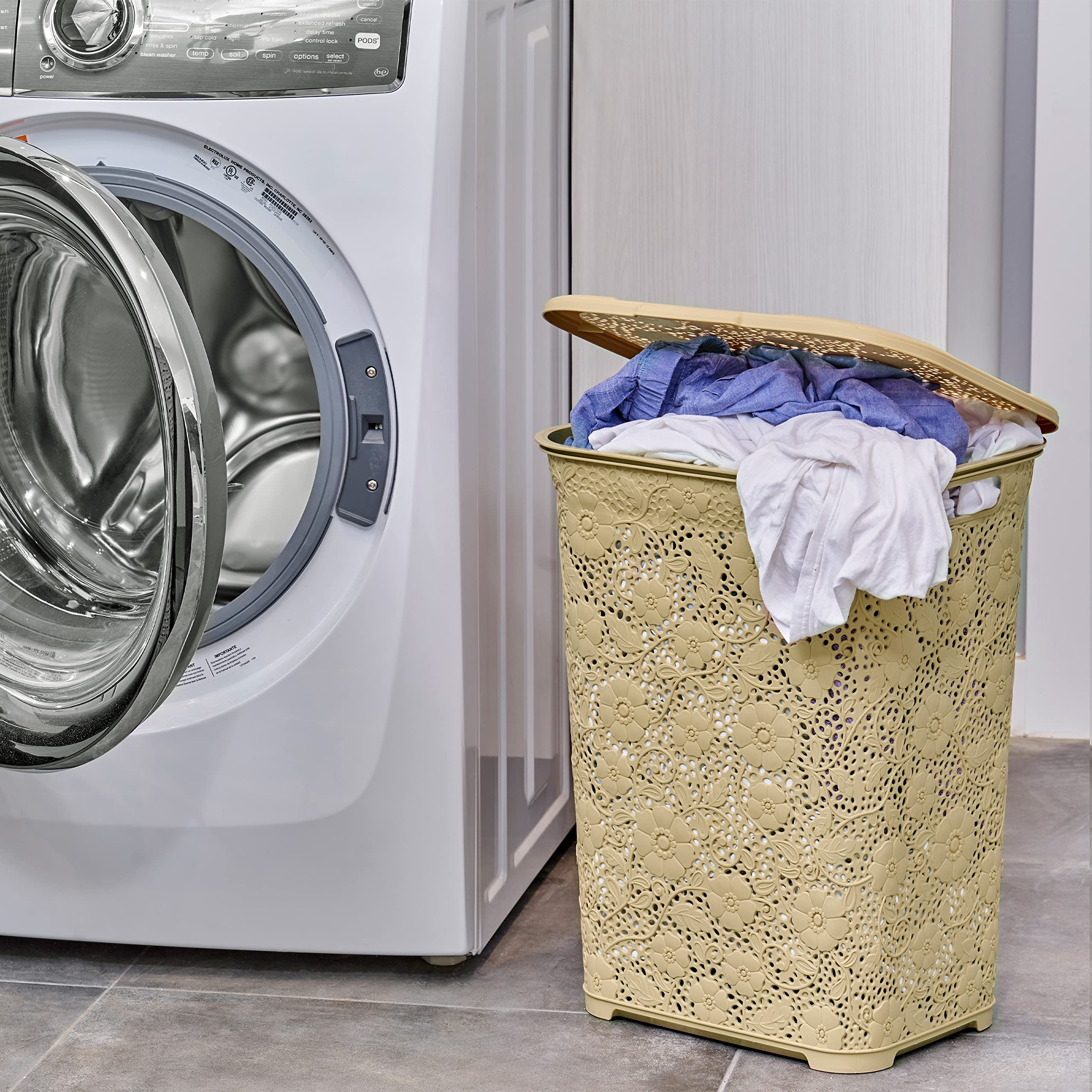 Superio Laundry Hamper with Lid Lace Design 50 Liter β 2 Pack Laundry Hamper Basket with Cutout Handles, Rectangular Shape Modern Style Bin -Dirty Cloths Storage (Beige 2 Pack)