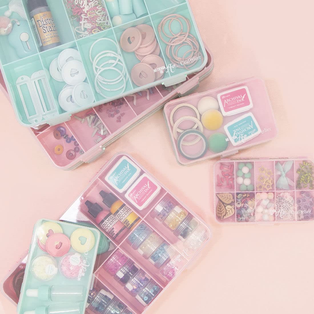 Craftelier - Mini Organizing Box with 10 Compartments for Scrapbooking and Craft Materials | Dimensions 14.6 x 9.1 x 3.2 cm (5.75β x 3.6β x 1.25") - Transparent and Turquoise Color