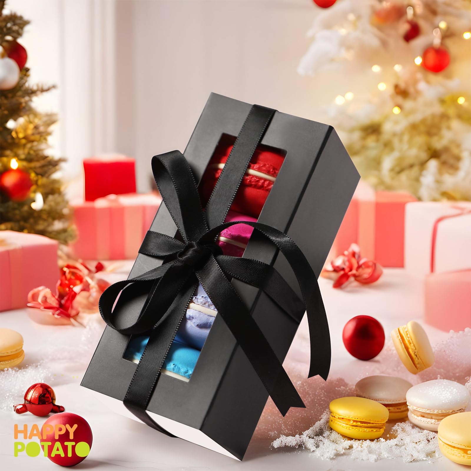 HAPPY POTATO 30 Pack Macaron Boxes for 4 or 5, 4Γ1.9Γ1.9 Inches, Macaron Packaging Boxes, Black Macaron Boxes with Clear Window, Macaron Container Packaging Boxes with Ribbon