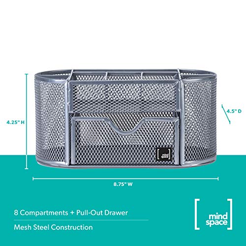 Mindspace Office Desk Organizer with 8 Compartments + Drawer | Desk Caddy Pen Holder For Office Accessories | The Mesh Collection, Silver