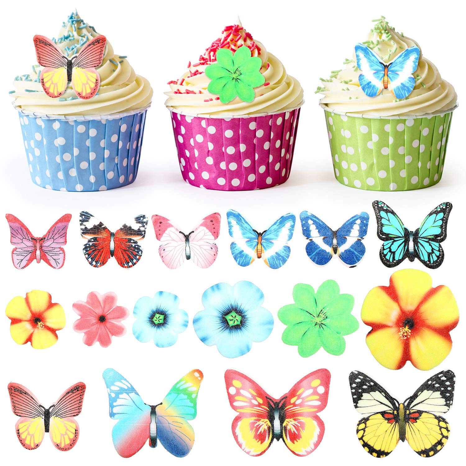 BBTO 100 Pieces Edible Flower Cupcake Toppers and Butterfly Cake Decorations Mixed Size Realistic Dessert Food Decor for Baby Shower Wedding Anniversary Kids Girls Women Birthday Party Favors Supplies