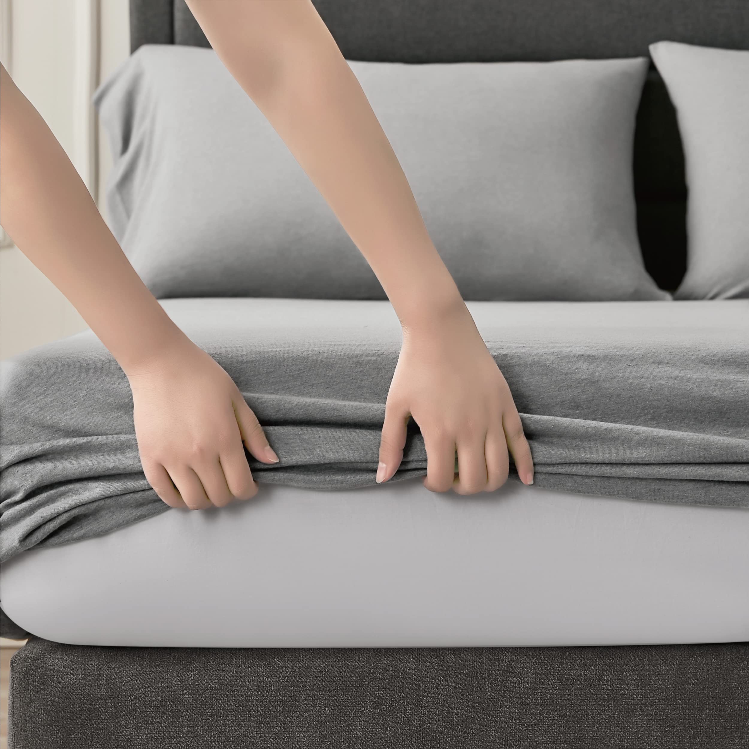 Bedsure Jersey Knit Sheets Queen Set - 100% Cotton T Shirt Bed Sheets for Queen Size Bed, Light Grey, 4 PC Cotton Stretchy Sheets