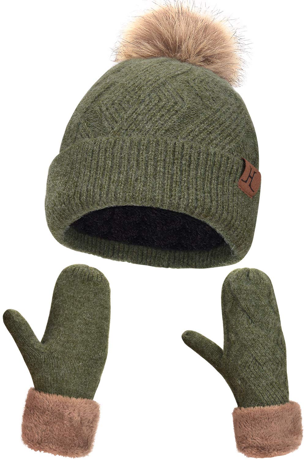 MAYLISACC Cable Knit Beanie-Hats and Mittens-Gloves-Set for Women Fleece Lined Winter Ski Caps with Fuax Fur Pom Pom, Green