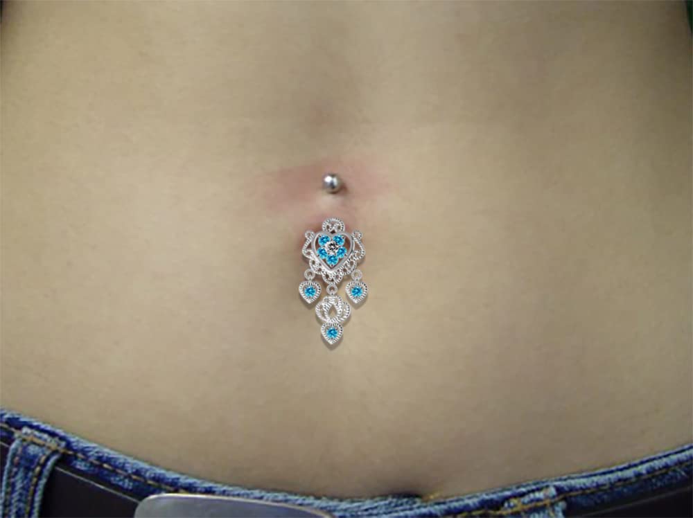 AtoZ Piercing Black Crystal Stone Fancy Chandelier Heart with Flower Dangling 925 Sterling Silver with Stainless Steel Belly Button Rings
