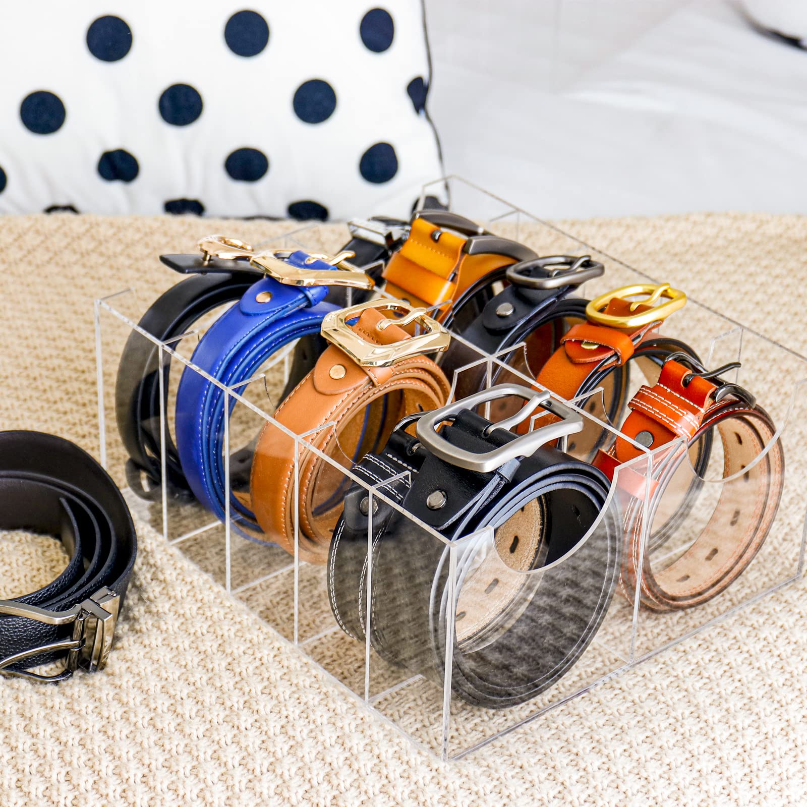 Cutora Belt Organizer, Acrylic Belt Storage Holder for Closet and Drawer, 10 Compartments Belt Container for Checkroom, Clear Belt Divider Display Case