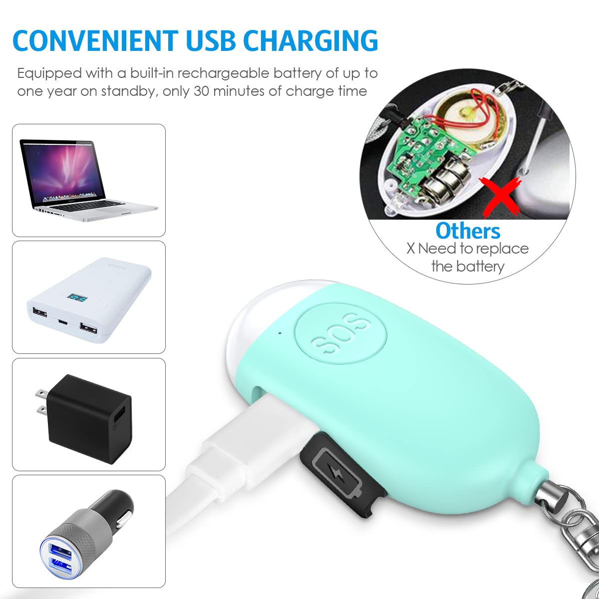Criacr Safe Sound Personal Alarm, 130dB Rechargeable Safesound Security Alarm Keychain, Emergency Self Defense Alarm with LED Light, for Kids, Women, Elderly (1 Pack-Blue)