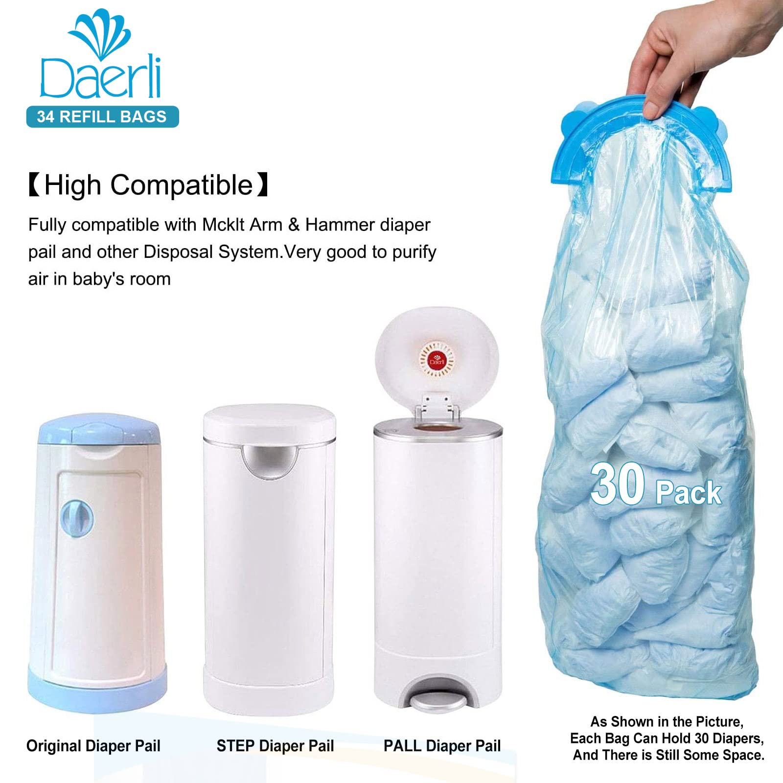Diaper Pail Refill Bags,Fully Compatible with Arm&Hammer Disposal System Seal and Toss Diaper Pail Refills,Holds up to 1020 Diapers 34 Pack (Lavender)