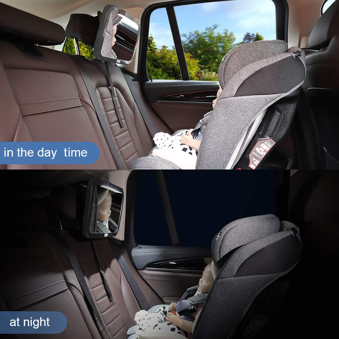 Baby Car Mirror with Light Innokids Dual Mode LED Lighting by Remote Control Clear View of Infant in Rear Facing Back Seat While Night Driving (Gray)