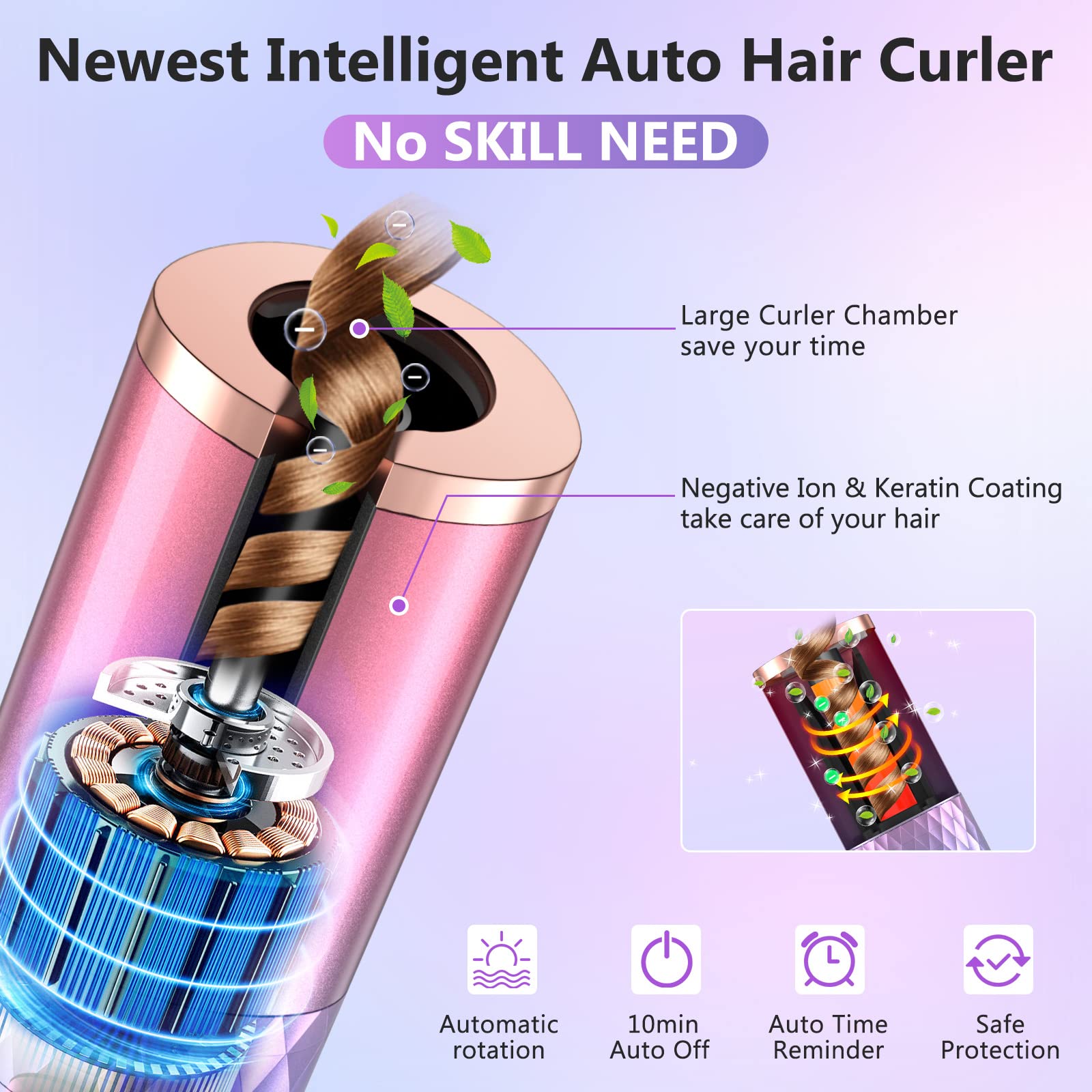 Automatic Curling Iron, Cordless Auto Hair Curler, Rotating Iron with 6 Temps & Timer, Portable Rechargeable Ceramic Barrel Wave Wand, Fast Heating Spin Irons for Styling