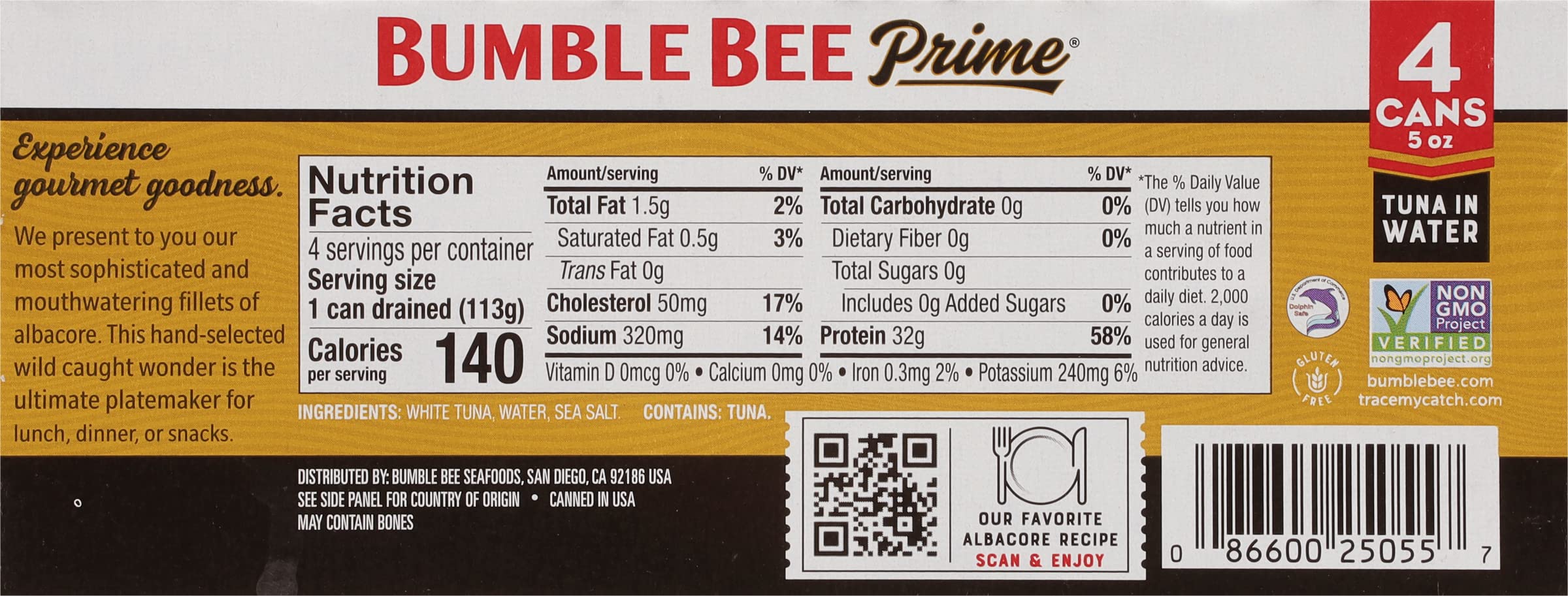 Bumble Bee Prime Solid White Albacore Tuna in Water,Premium Wild Caught Tuna - 31g Protein per Serving - Non-GMO Project Verified, Gluten Free, Kosher, 5 Ounce (Pack of 4)