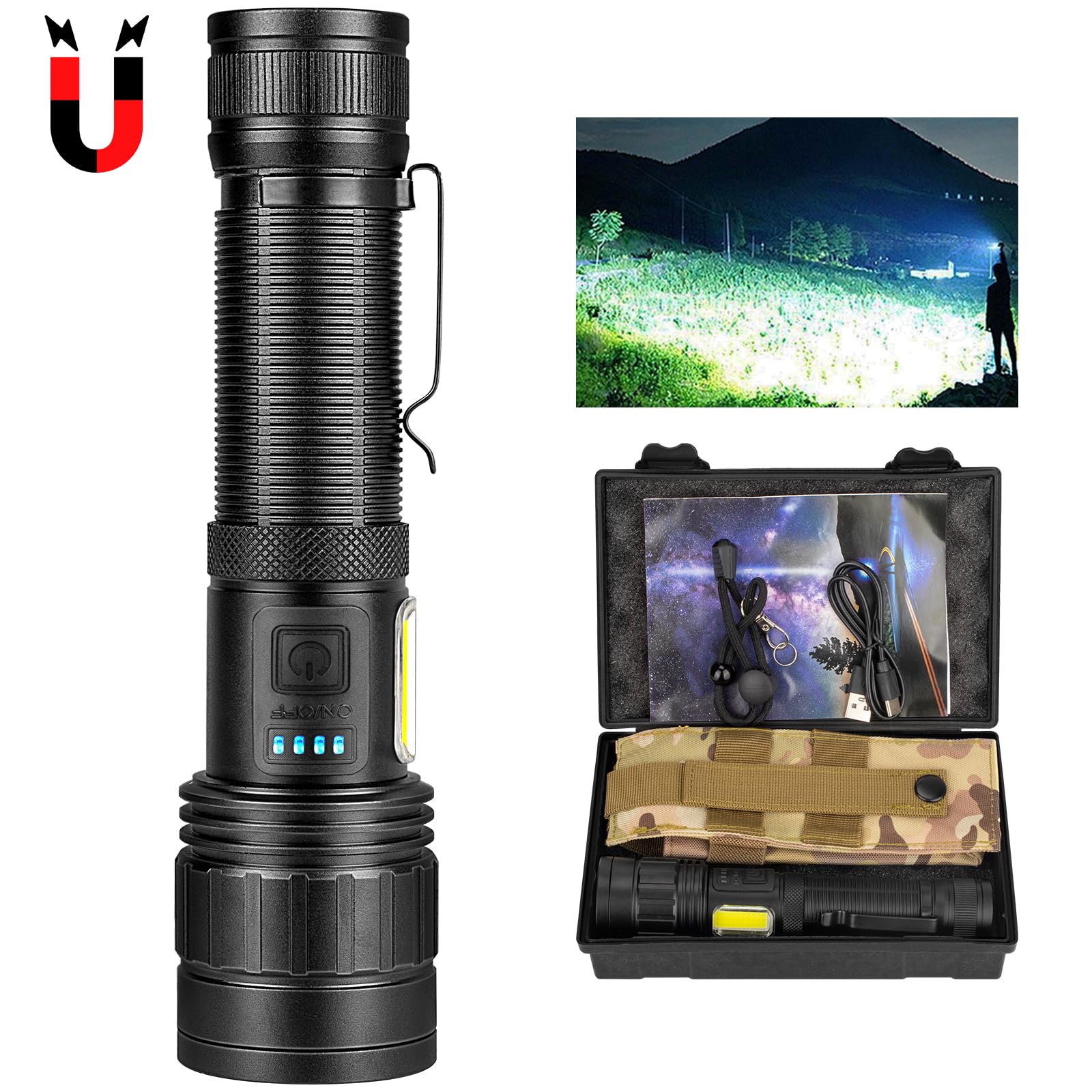 BERCOL Rechargeable Flashlights High Lumen, 990,000 Lumens Super Bright Magnetic Flash Light, 7 Modes with Cob Work Light, Powerful Led Flashlight with Holster for Camping, Emergencies, Home