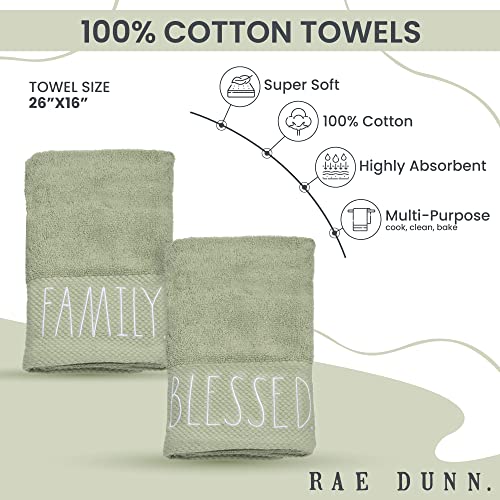 Rae Dunn Hand Towels, Embroidered Decorative Hand Towel for Kitchen and Bathroom, 100% Cotton, Highly Absorbent, Two Pack, 16x28, Embroidered Sage
