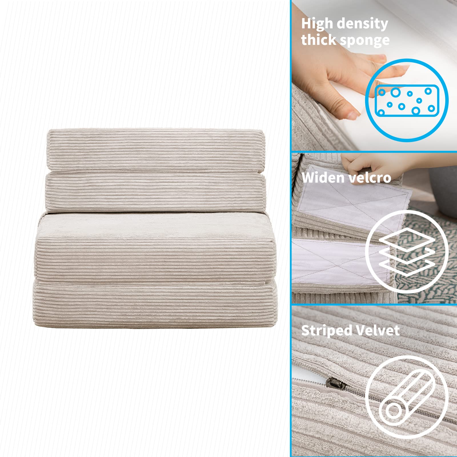 Mjkone Floor Sofa Couch, Convertible Futon Sofa Bed with Memory Foam, 3 in 1 Foldable Couch Bed, Pull Out Sleeper Sofa for Living Room/Apartment/Office (Beige, Single)