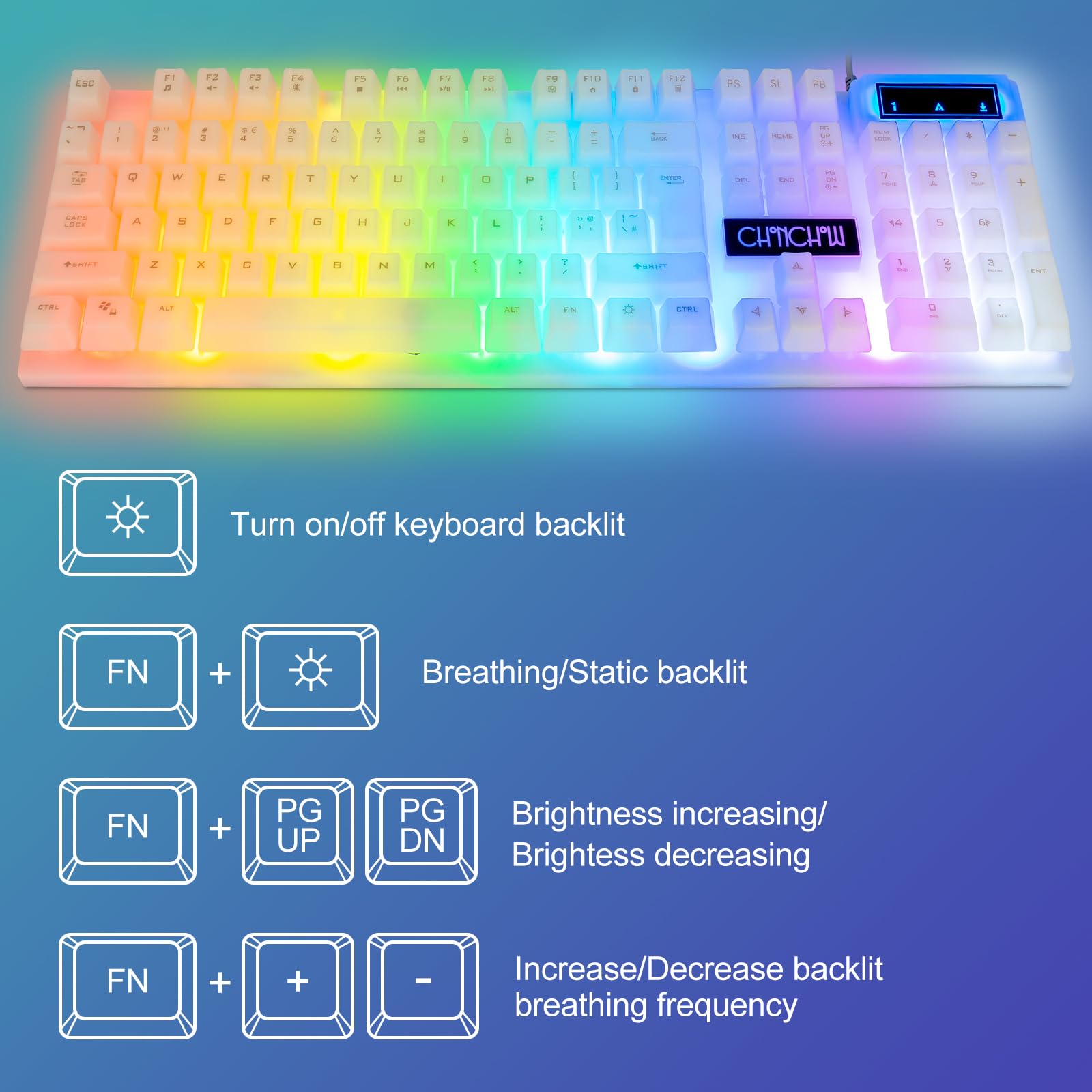CHONCHOW LED Keyboard and Mouse, 104 Keys Rainbow Backlit Keyboard and 7 Color RGB Mouse, White Gaming Keyboard and Mouse Combo for PC Laptop Xbox PS4 Gamers and Work