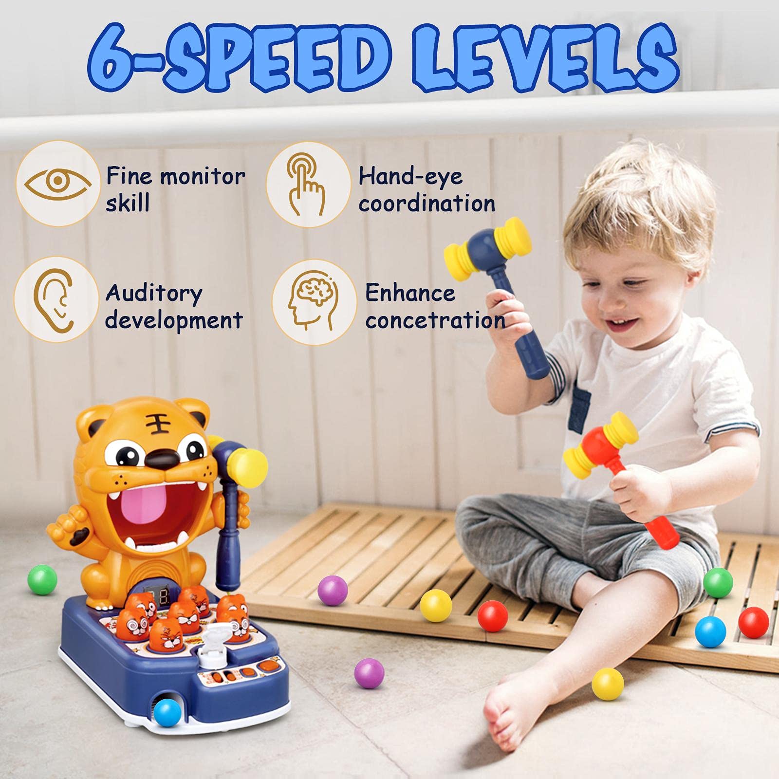 KooQii Whack A Mole Game Toddler Toys with Toy Gun and 2 Hammers Interactive Game for Hammering & Pounding,Target Shooting Early Developmental Fun Gift for 2-3 4 5 6 7 8 Year Old Boys and Girls