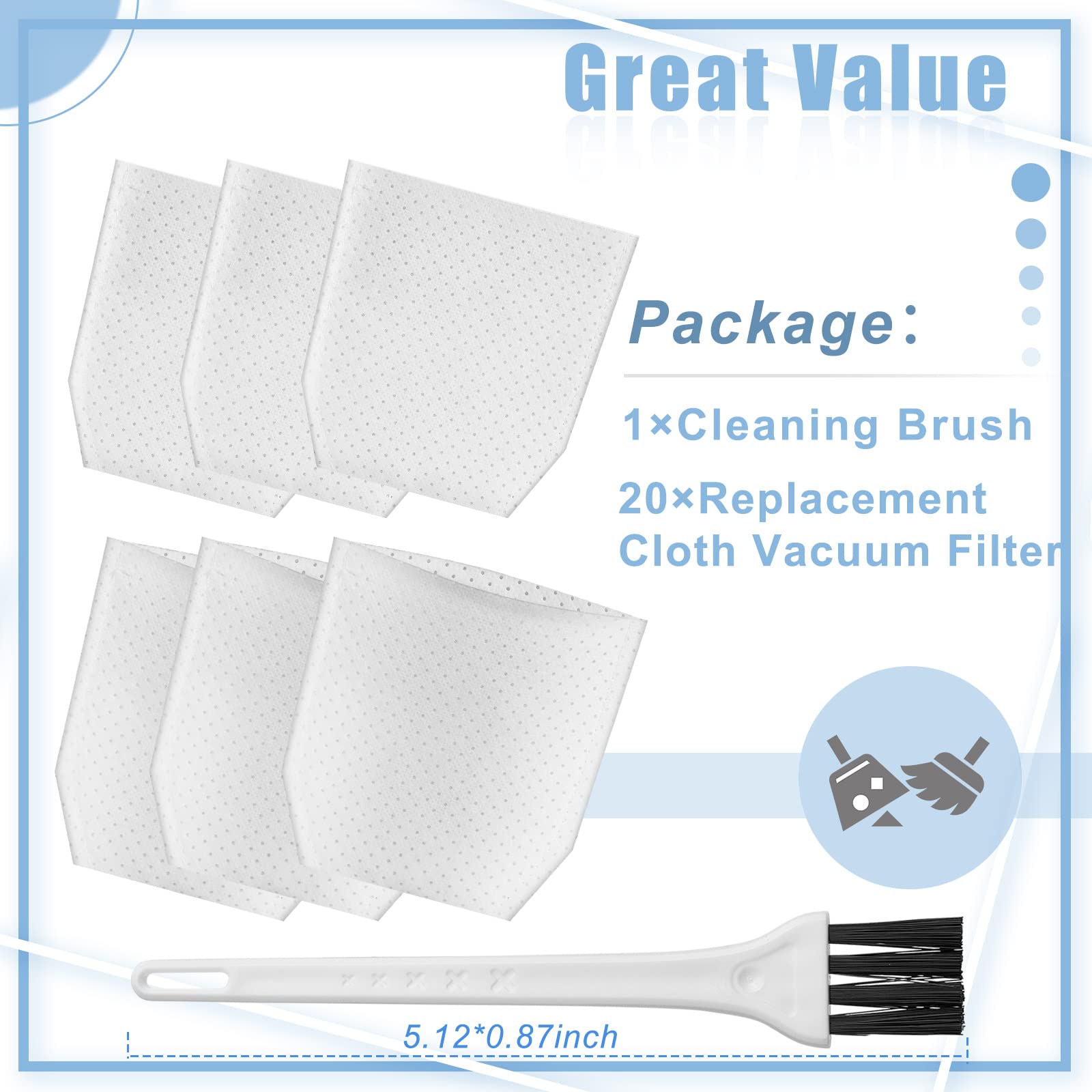 Breling 20 Pieces Cloth Vacuum Filter Compatible with Makita T-03193 and a Brush Vacuum Filter Replacement Cloth Vacuum Dust Collector Filters, White