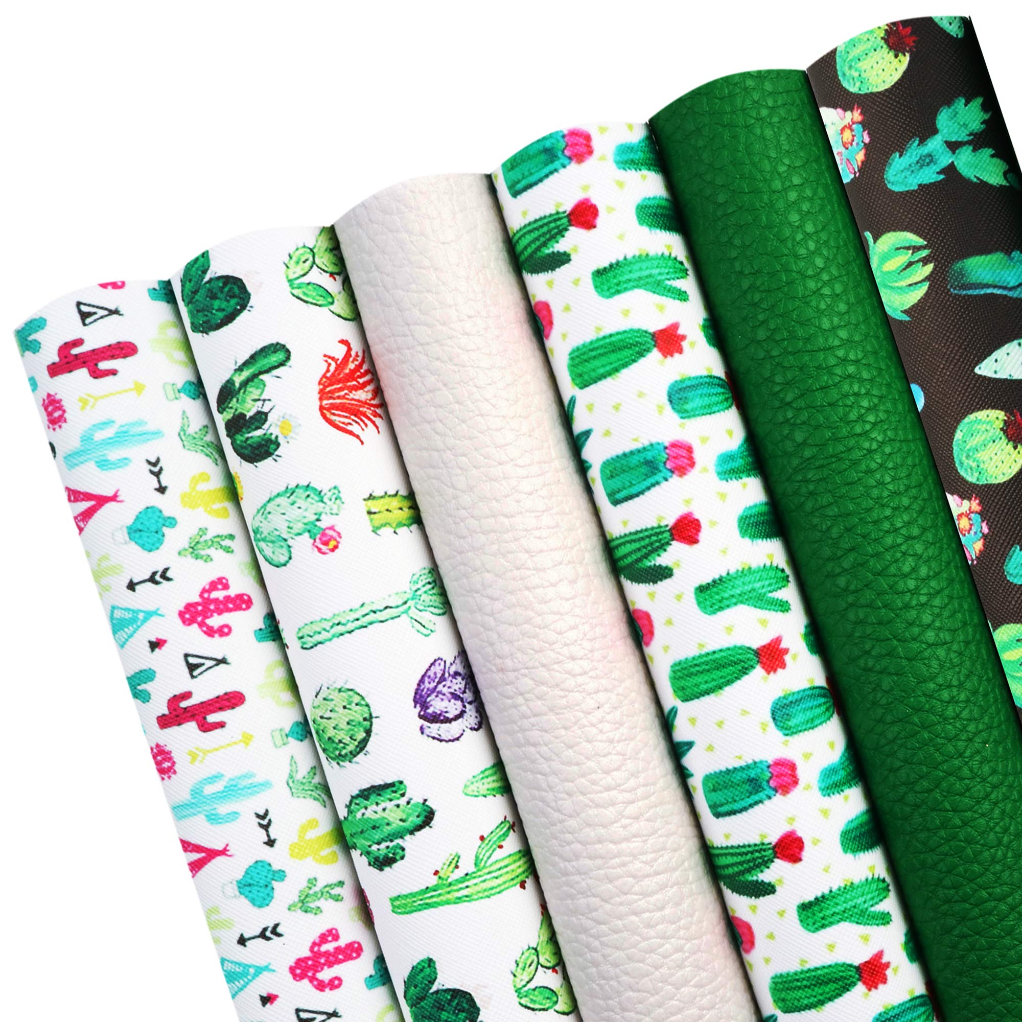 David accessories 6 Pcs 7.7"x12.9" (20 cm x 33 cm) Lychee Pattern Plant Cactus Printed Faux Leather Fabric Sheets Include 2 Kinds of Leather Fabric for DIY Bows Earrings Making Crafts (Cactus)