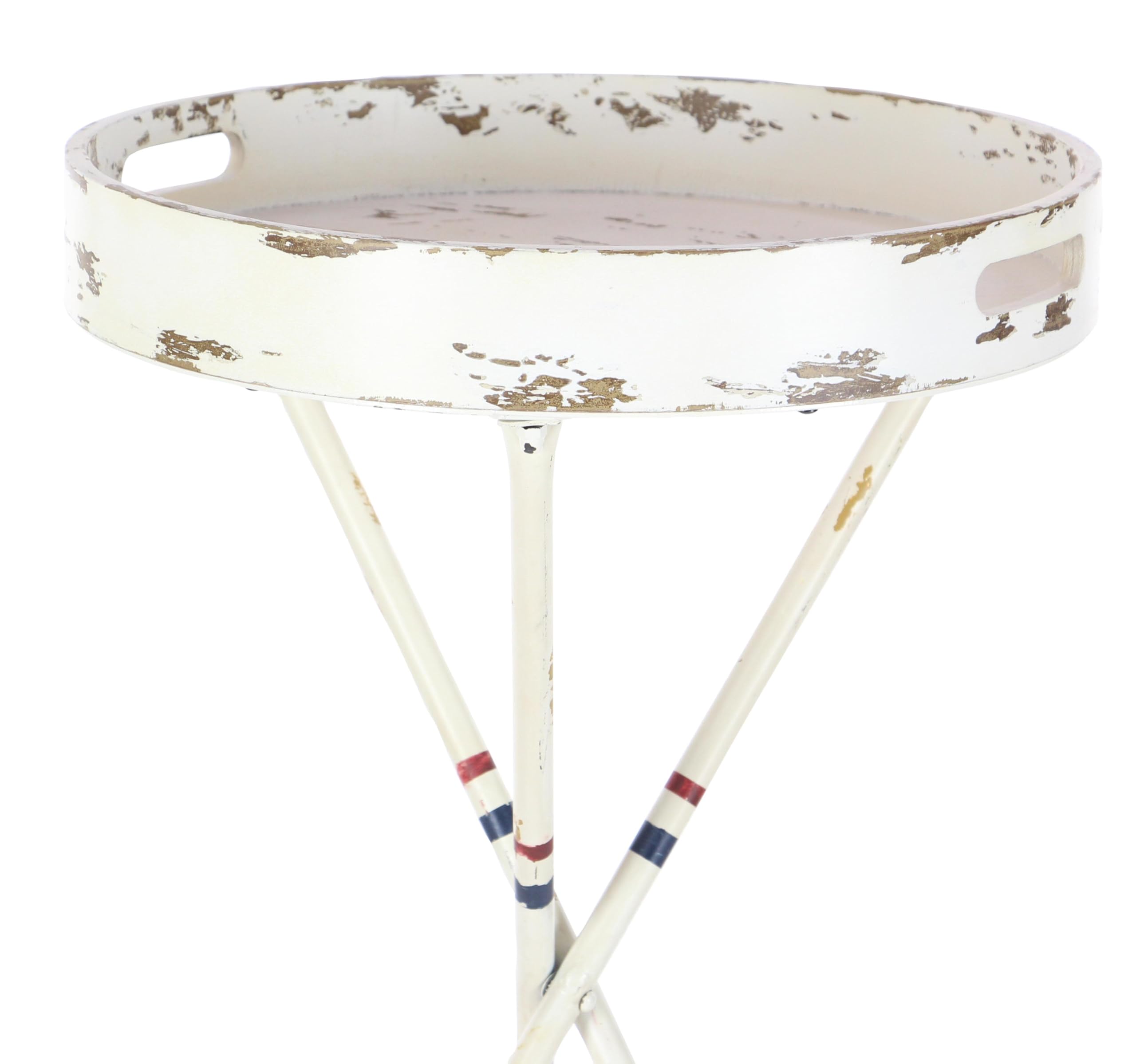Deco 79 Metal Paddle Side End Accent Table Distressed Striped End Table with Navy and Red Striped Oar Legs, Side Table 16" x 16" x 28", White