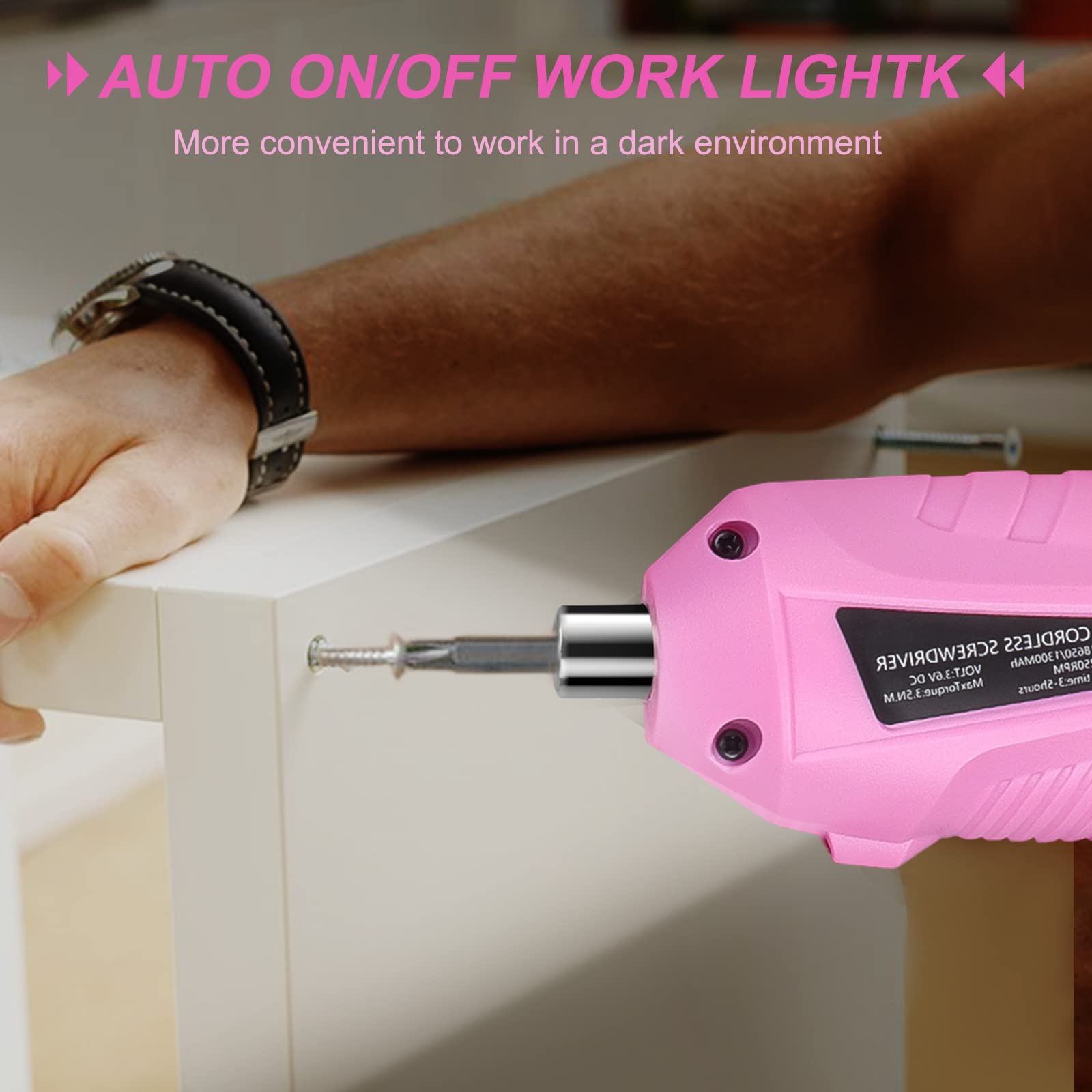 Pink Cordless Screwdriver Set with Rechargeable Battery and Charger, Rotating Handle, LED Light, 47PCS Drill/Driver Accessories, Lightweight and Portable Electric Screwdriver for Women