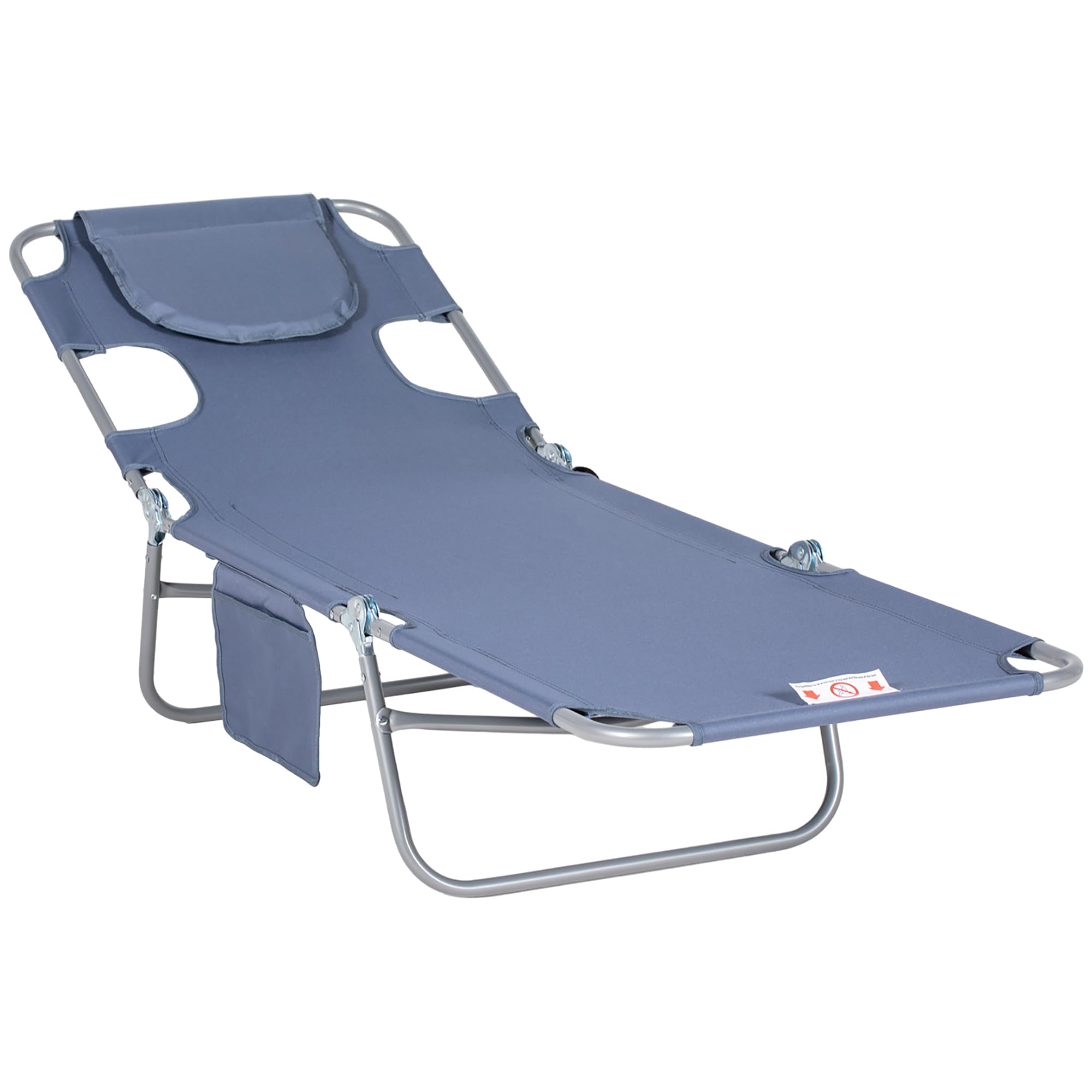 Outsunny Folding Beach Lounge Chair with Face Hole and Arm Slots, 5-Level Adjustable Sun Lounger Tanning Chair with Pillow for Patio, Garden, Beach, Pool, Gray