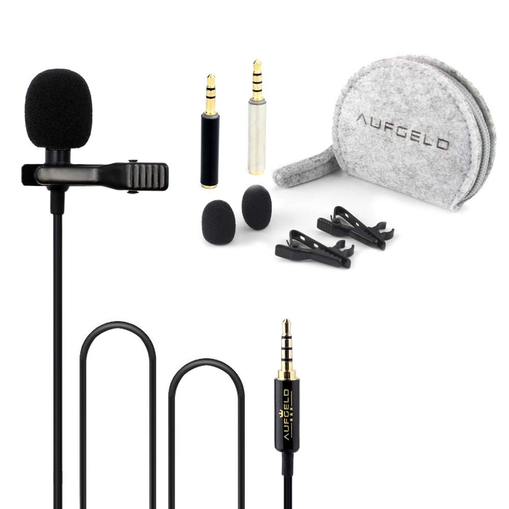 AUFGELD Professional Lavalier Lapel Omnidirectional Microphone Condenser Mic Compatible with iPhone Android Windows Cellphones Clip On Interview Video Filming Voice Podcast Noise Cancelling Vlogger