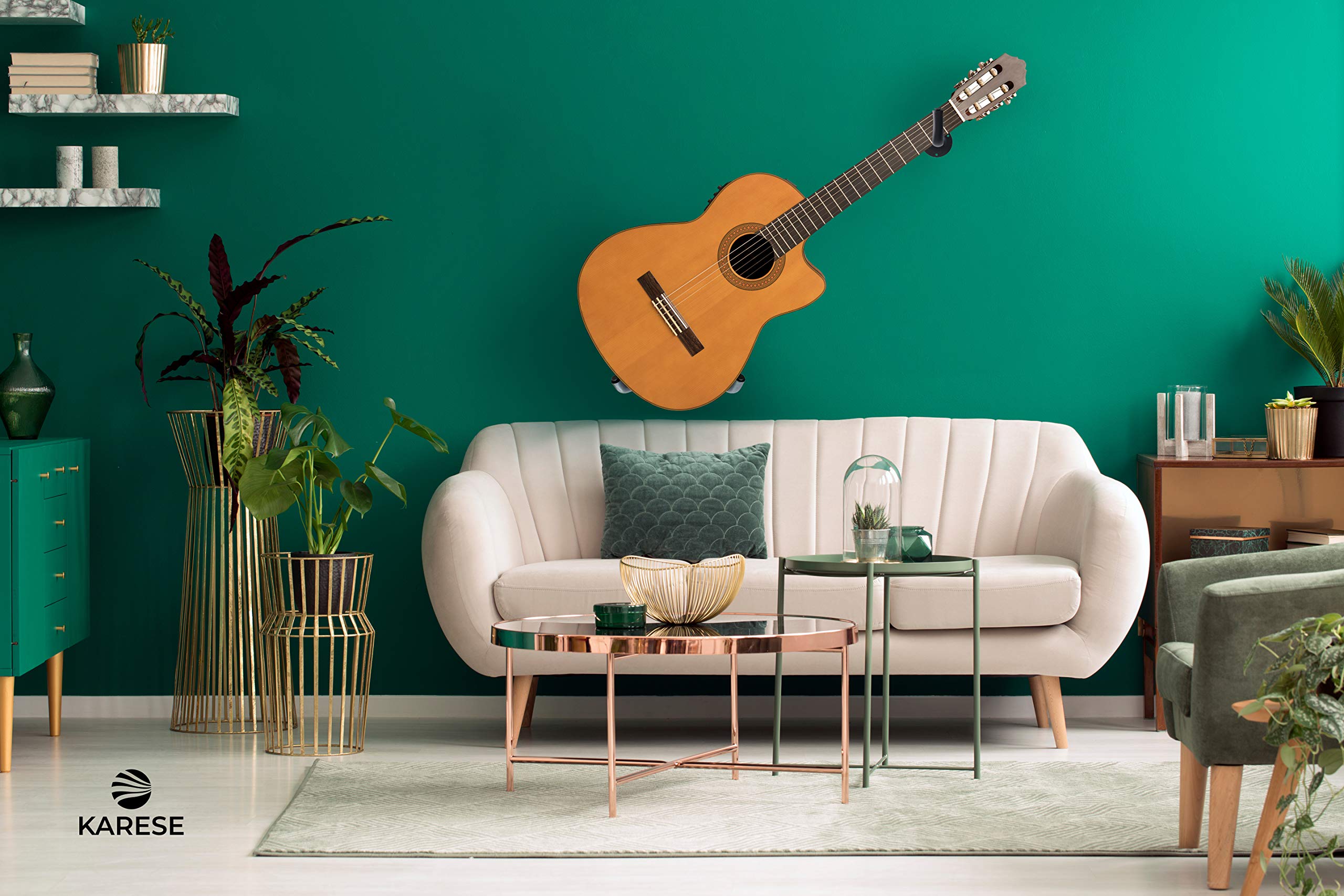 Horizontal Guitar Wall Mount with Guitar Strap and Pick, Padded Wall Hanger Hooks for Electric, Acoustic Guitars, Bass or Mandolin
