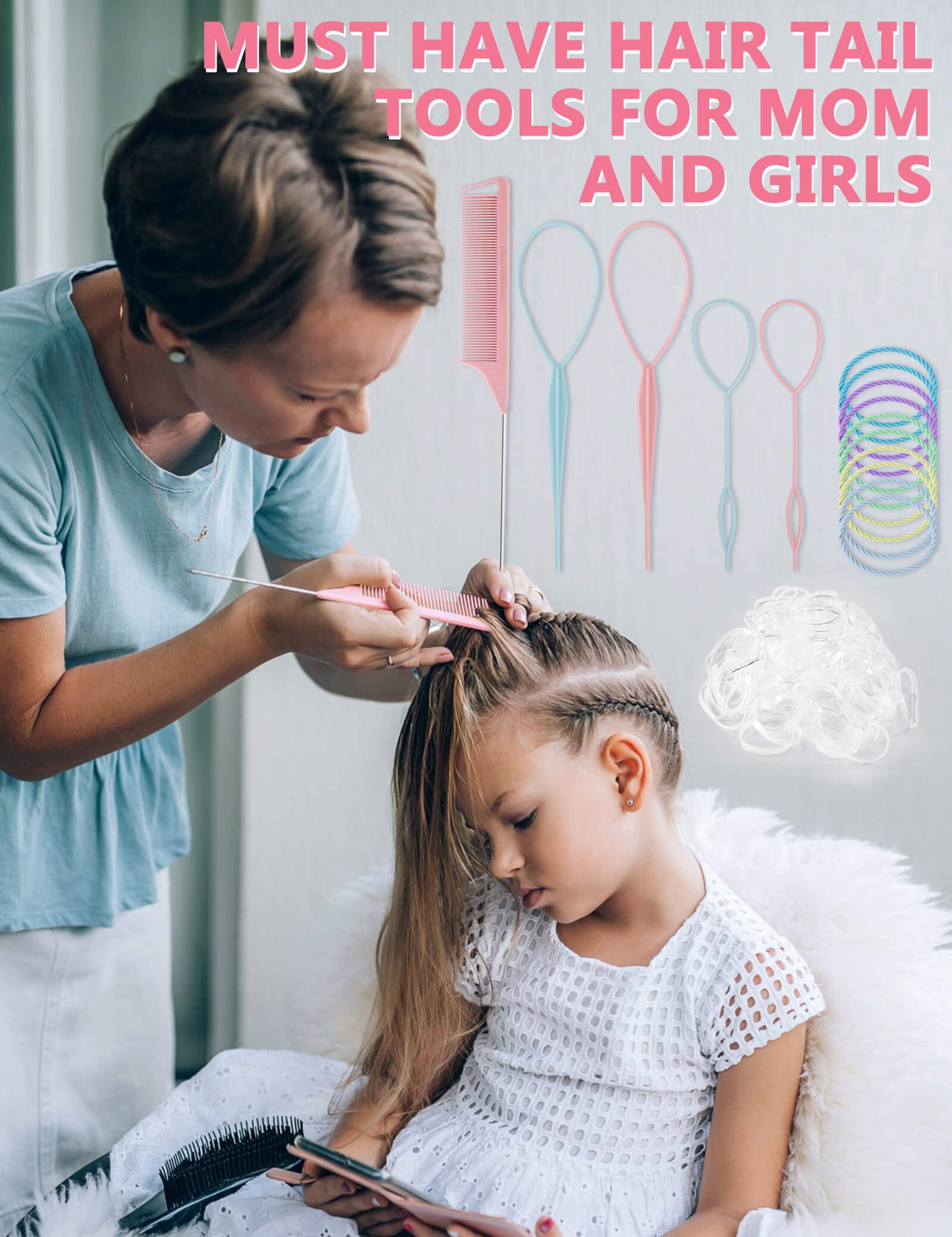 FILOVEMODA Hair Styling Kit: Tail Braiding Tool, 4 French Braid Loops, 100 Clear Mini Elastics, 10 Elastic Hair Ties