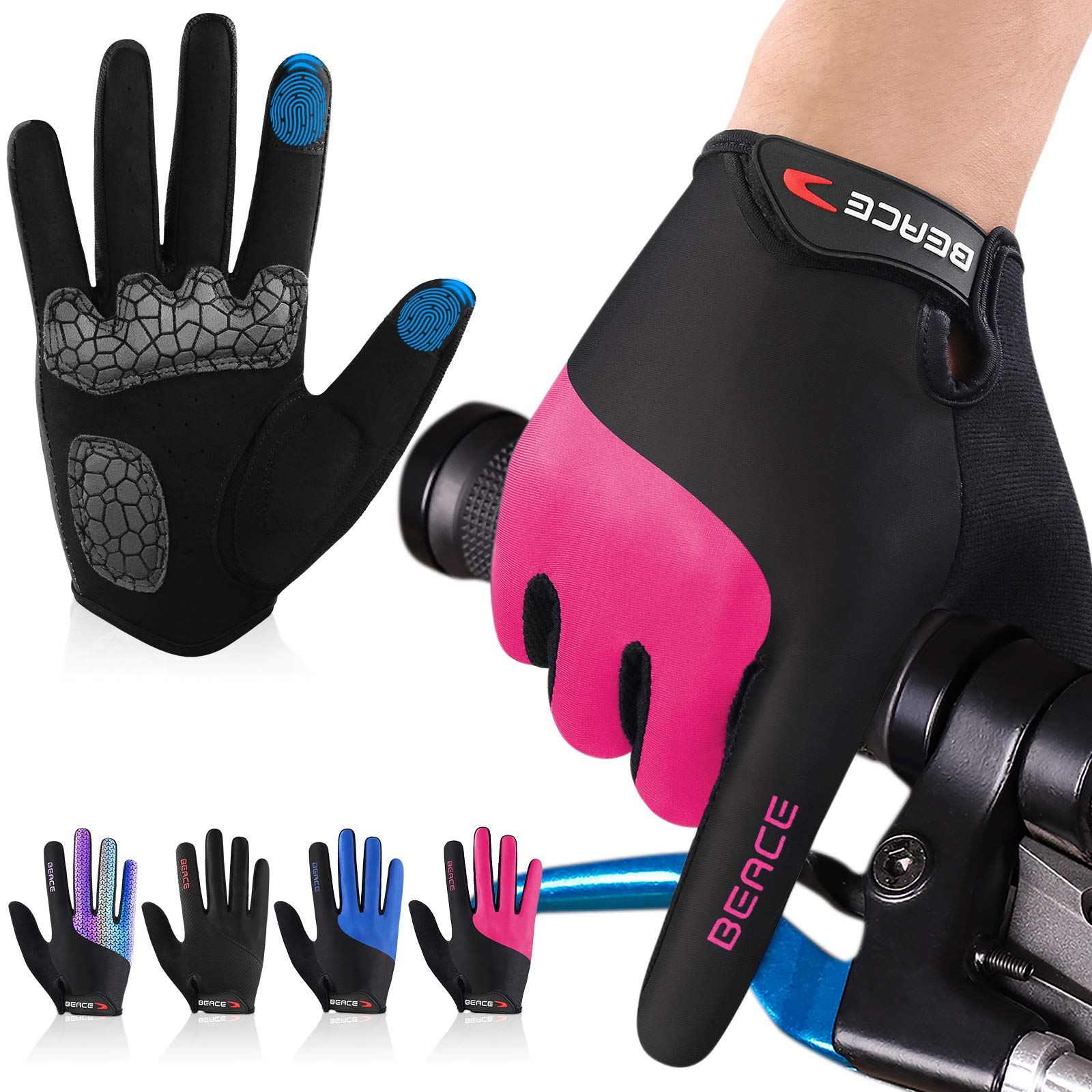BEACE Cycling Gloves Bike Gloves Biking Gloves(Rose Red) with Touch Screen-Full Finger Road Gloves Mountain Bike Gloves Anti-Slip Silicone Palm for Men Women