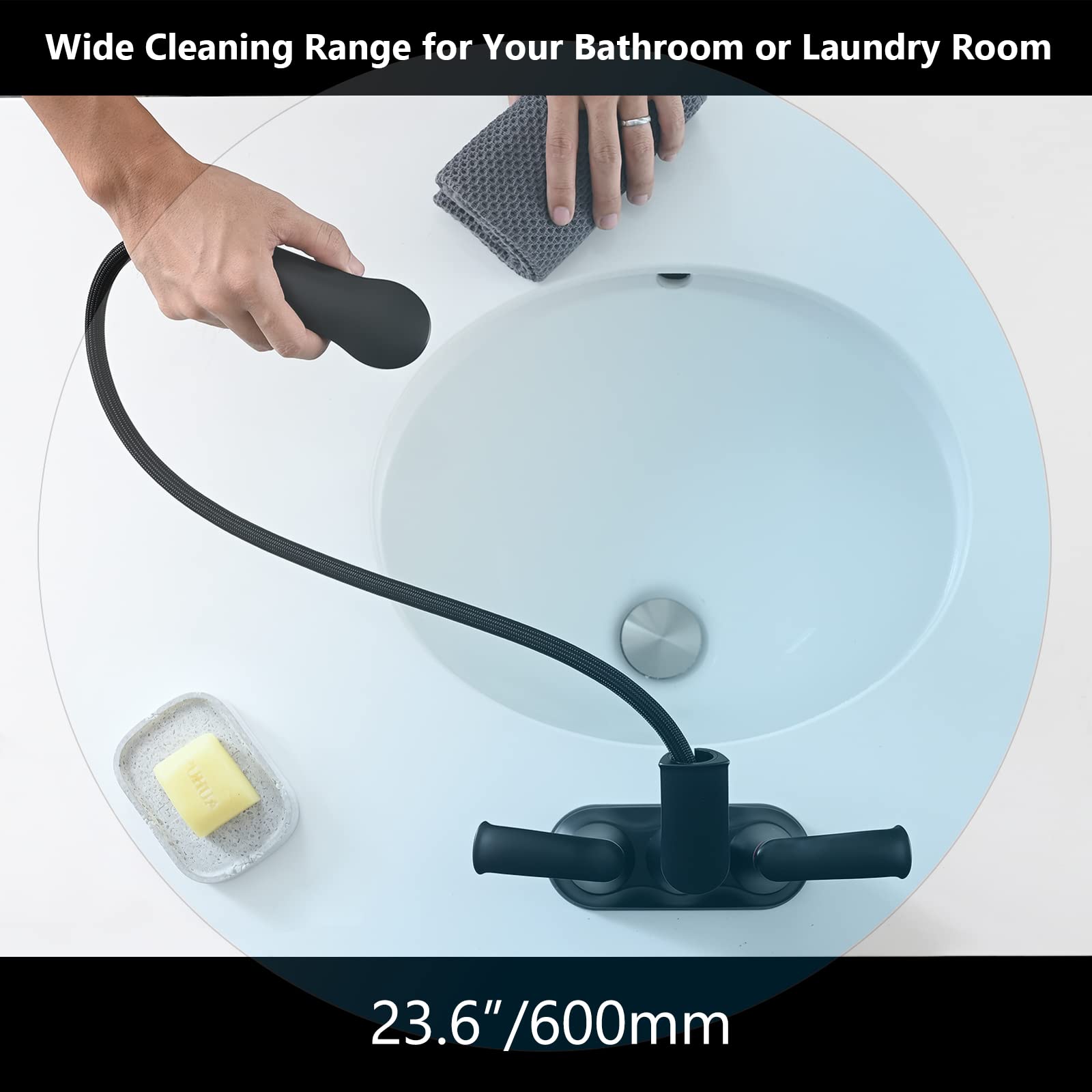 Besfelos Bathroom Faucet with Pull Out Sprayer, 4 Inch Centerset 3 Hole Faucet Utility Sink Faucet, 2 Handle Pull Out Faucet for Bathroom, Utility Sink or Laundry Tub, Matte Black