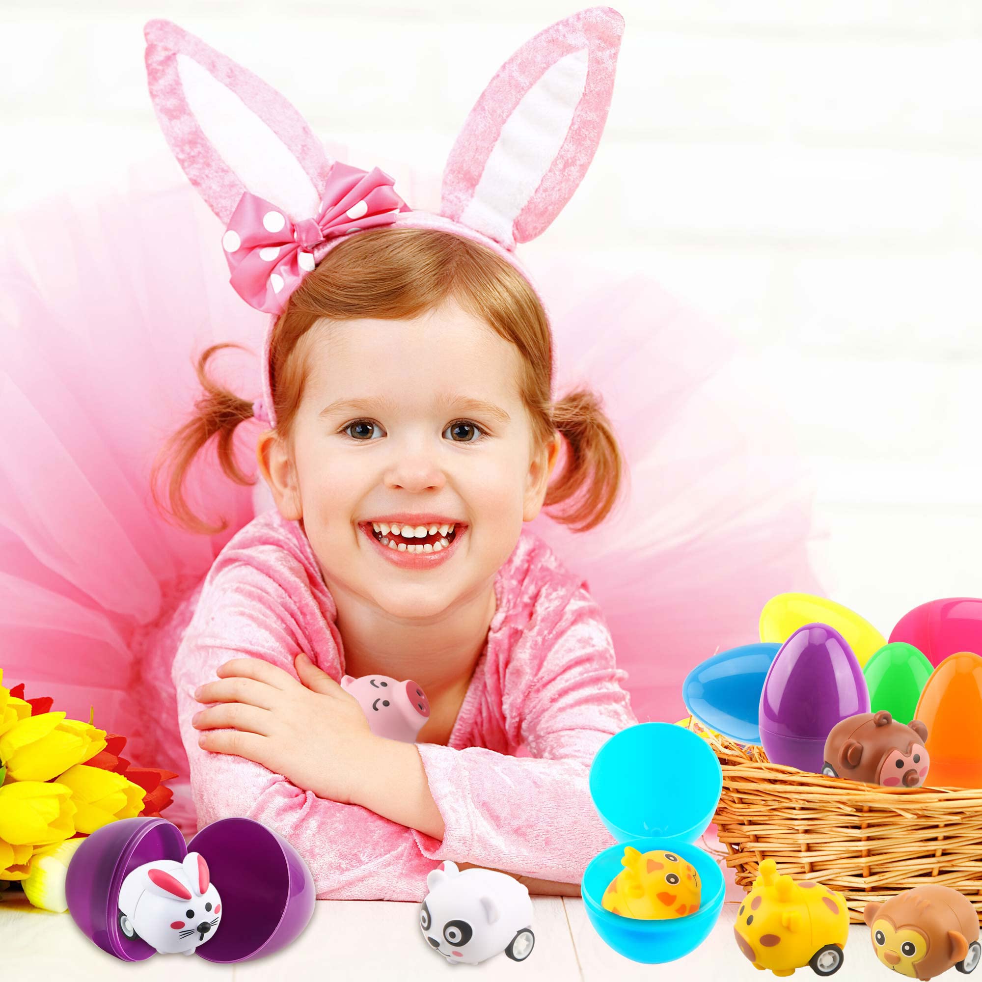 Haconba 24 Pack Easter Eggs Prefilled Stuffed with 24 Pack Mini Easter Rabbit Animal PullBack Toy Cars Inside for Easter Gifts Easter Theme Party Eggs Hunt Game Chest Toys