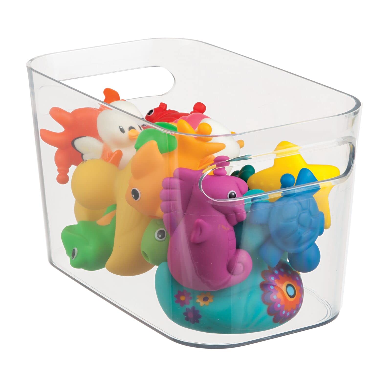 mDesign Deep Plastic Toy Bin with Handles - Storage Organizer for Kid Nursery, Playroom, Classroom - Hold Books, Action Figures, Blocks, Crayons, Dolls - 10" Long, Aura Collection, 4 Pack, Clear