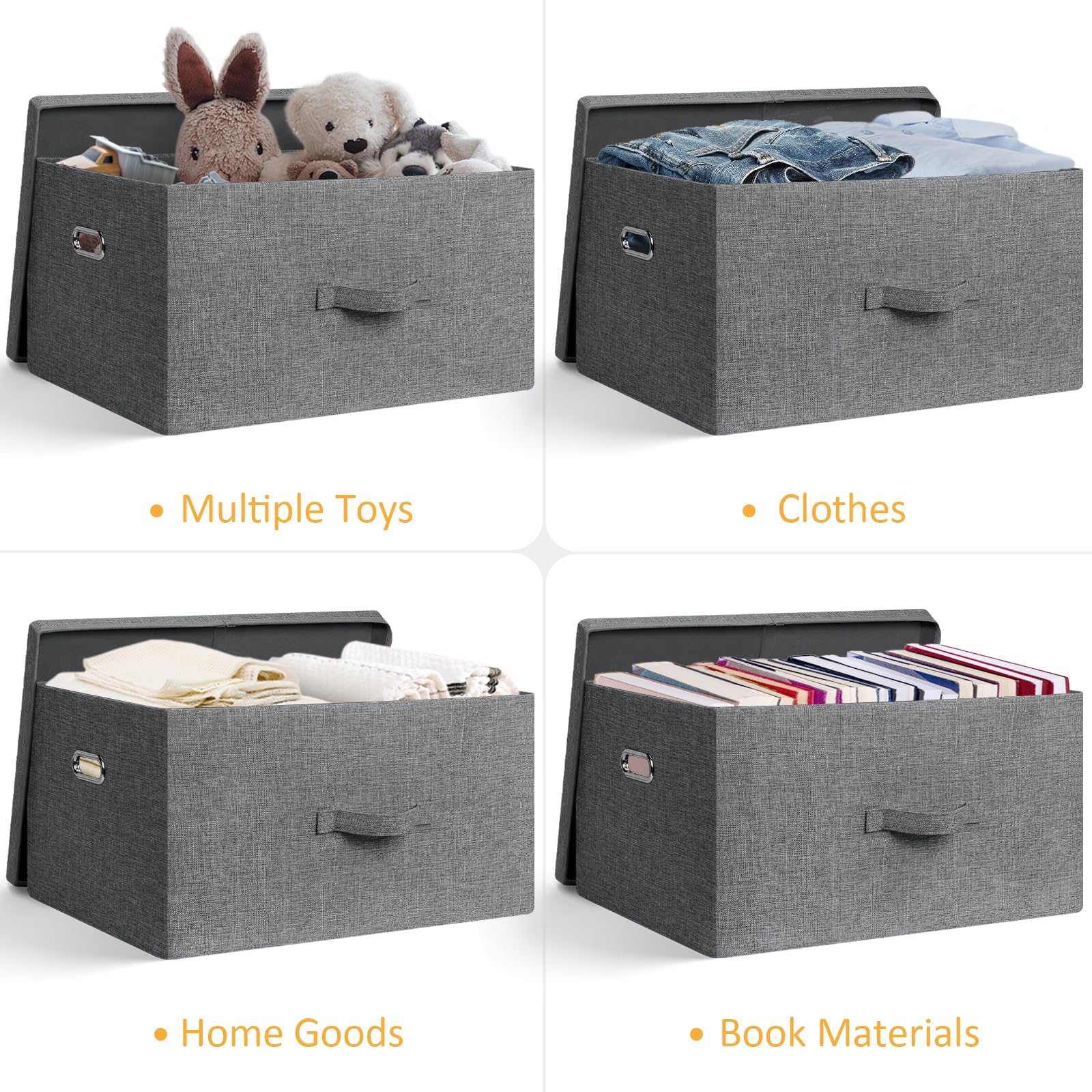 Bellzacasa Extra Large Collapsible Storage Bins with Lids, 3 Pack Linen Fabric Foldable Storage Bin Cube with 4 Handles, Storage Baskets Box for Home, Office, Closet, Gray, 22.8x15.7x11.8β