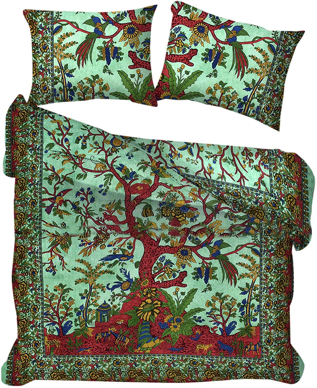 Flyingasedgle Indian Mandala Duvet Cover Twin/Queen Size Bohemian Hippie 100% Cotton Drom Bedding Cover Boho Comforter Quilt Cover with Pillow Covers (Green T.L)