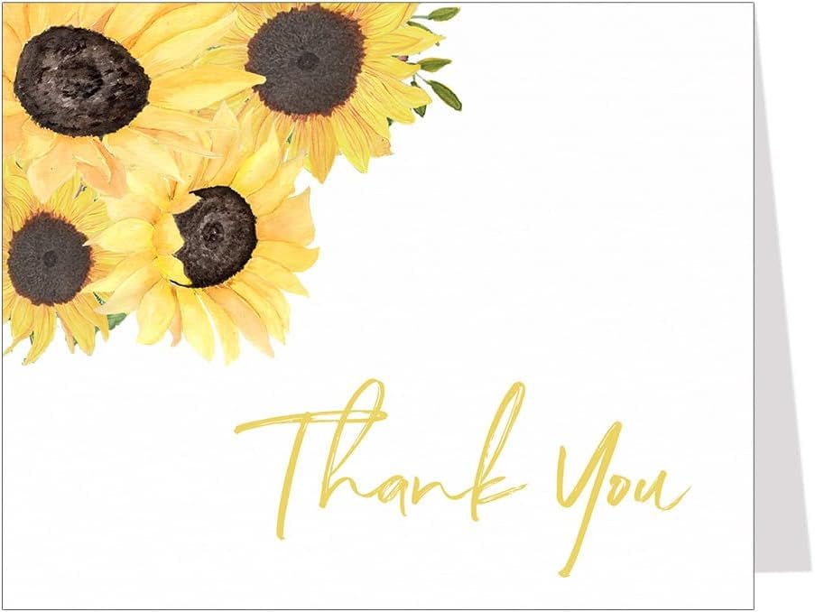 Sunflower Thank You Cards Bridal Shower Wedding Autumn Fall Summer Yellow Flowers Country Thanks Folding Notes (24 count)
