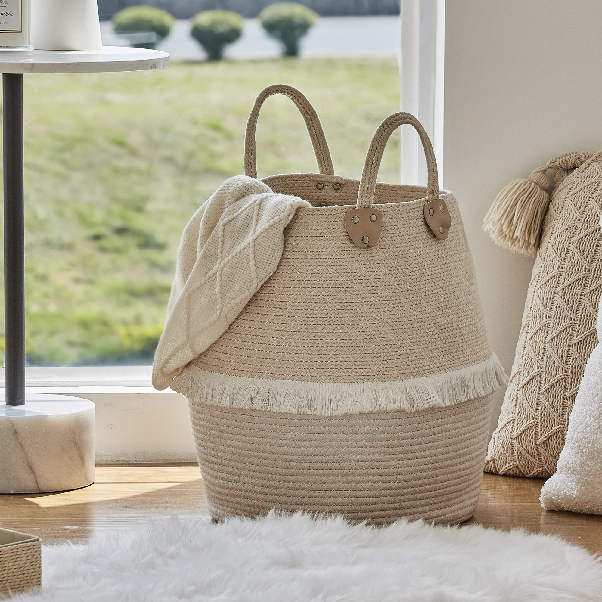 Rope Basket Woven Storage Basket - Laundry Basket Large 16 x 15 x 12 Inches Cotton Blanket Organizer, Baby Nursery Containers White Home Decor Gift