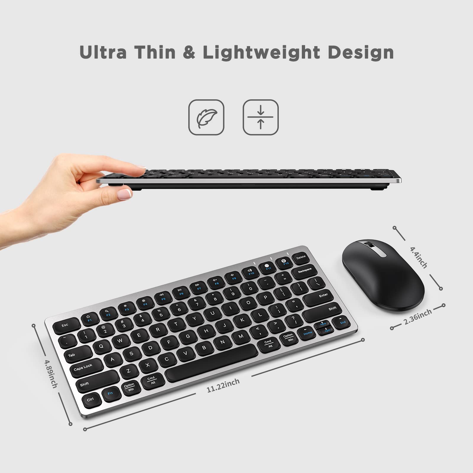 Bluetooth Keyboard Mouse, Ultra Thin Portable 2.4GHz Wireless Keyboard and Mouse Combo for iPad, MacBook, Laptop, Desktop Computer