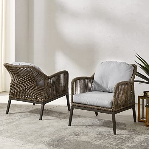 Crosley Furniture Haven 2-Piece Outdoor Chair Set, Wicker Patio Chairs for Conversation, Porch, Deck, Light Brown with Light Gray Cushions