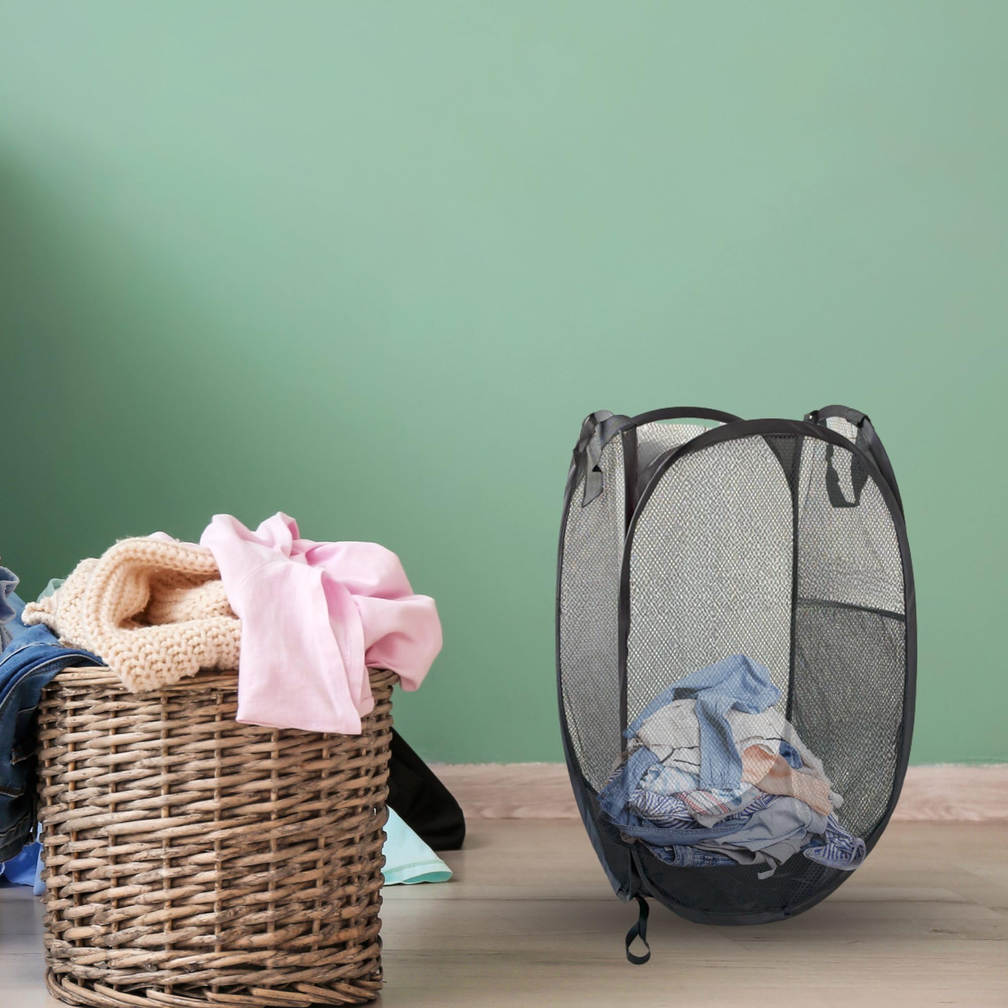 Collapsible Portable Mesh Laundry Storage Hamper - Durable, Foldable Closed Clothes Basket | Pop-up Folding Compact Washing Bag for Girl's Rooms, College Dorms, Cruises, or Travel (1PCS, Black)
