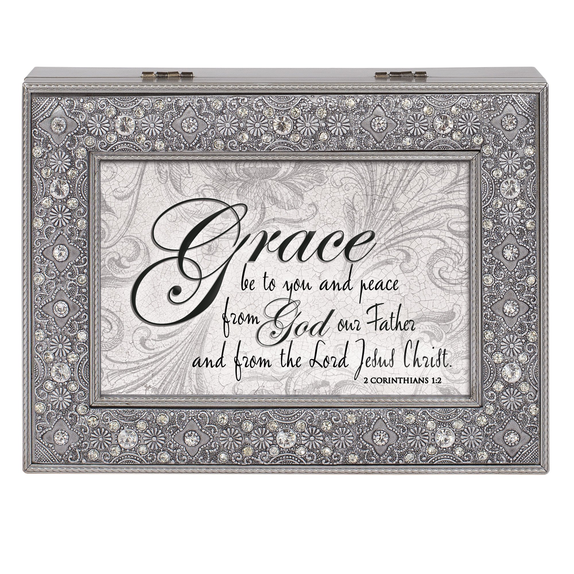 Cottage Garden Grace Peace from God Filigree Jewel Bead Silver Tone Music Box Plays Amazing Grace