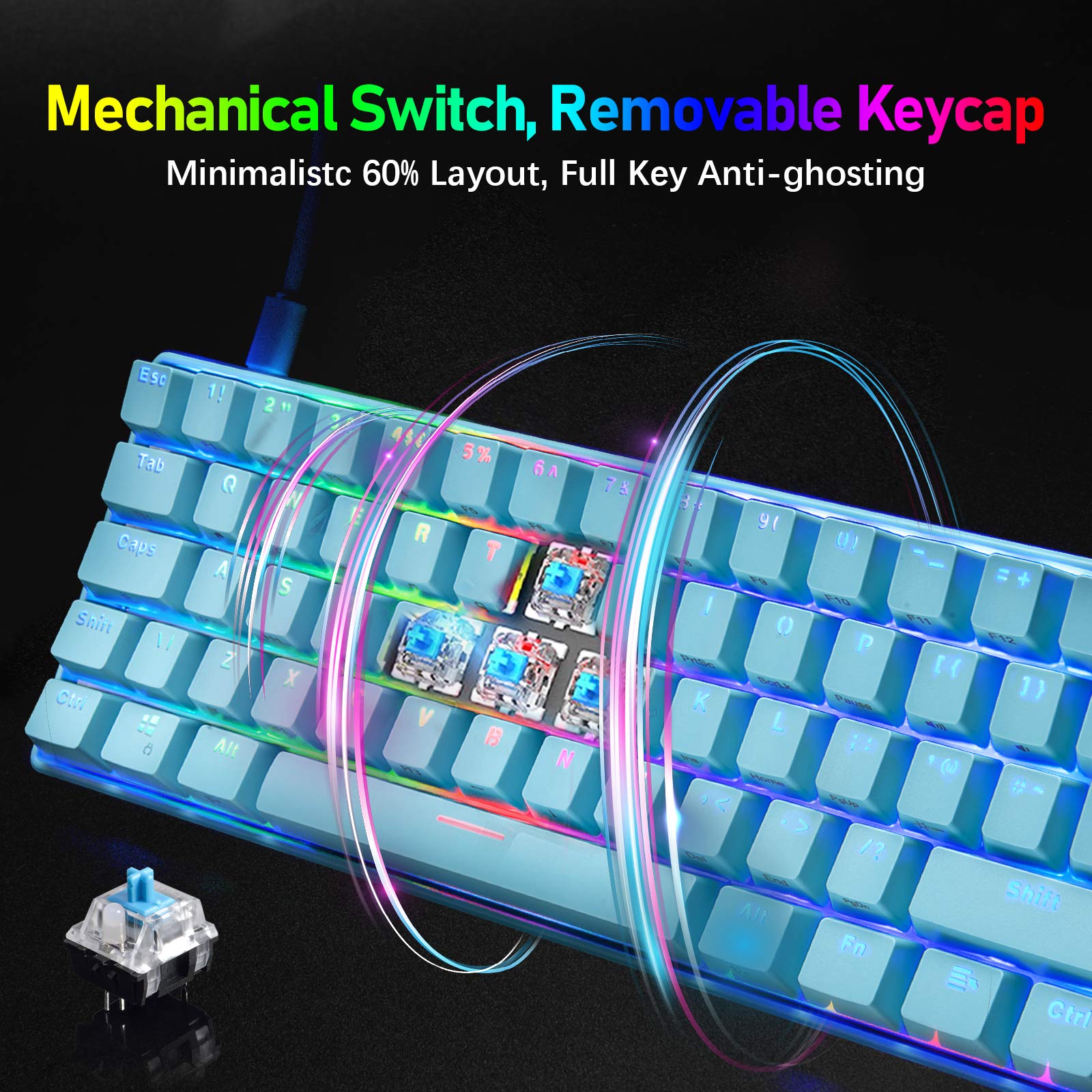 Mechanical Gaming Keyboard and Lightweight Honeycomb Mouse Combo with Rainbow RGB Backlit Full Anti-ghosting 61 Key Ergonomic Programmable Mice Wired USB for Laptop PC Gamer Typist(Blue/Blue Switch)