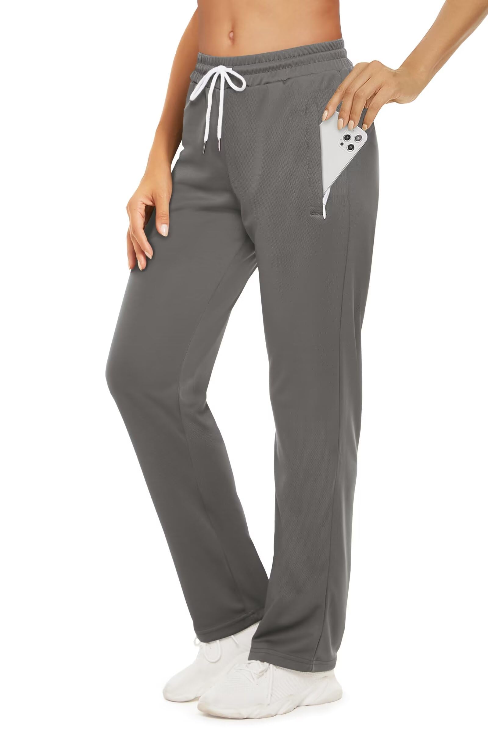 Boladeci Womens Lightweight Breathable 3D Mesh Sweatpants with Zipper Pockets Elastic Waist Drawstring Quick Dry Comfy Open Bottom Running Workout Gym Athletic Track Pants Black Size M