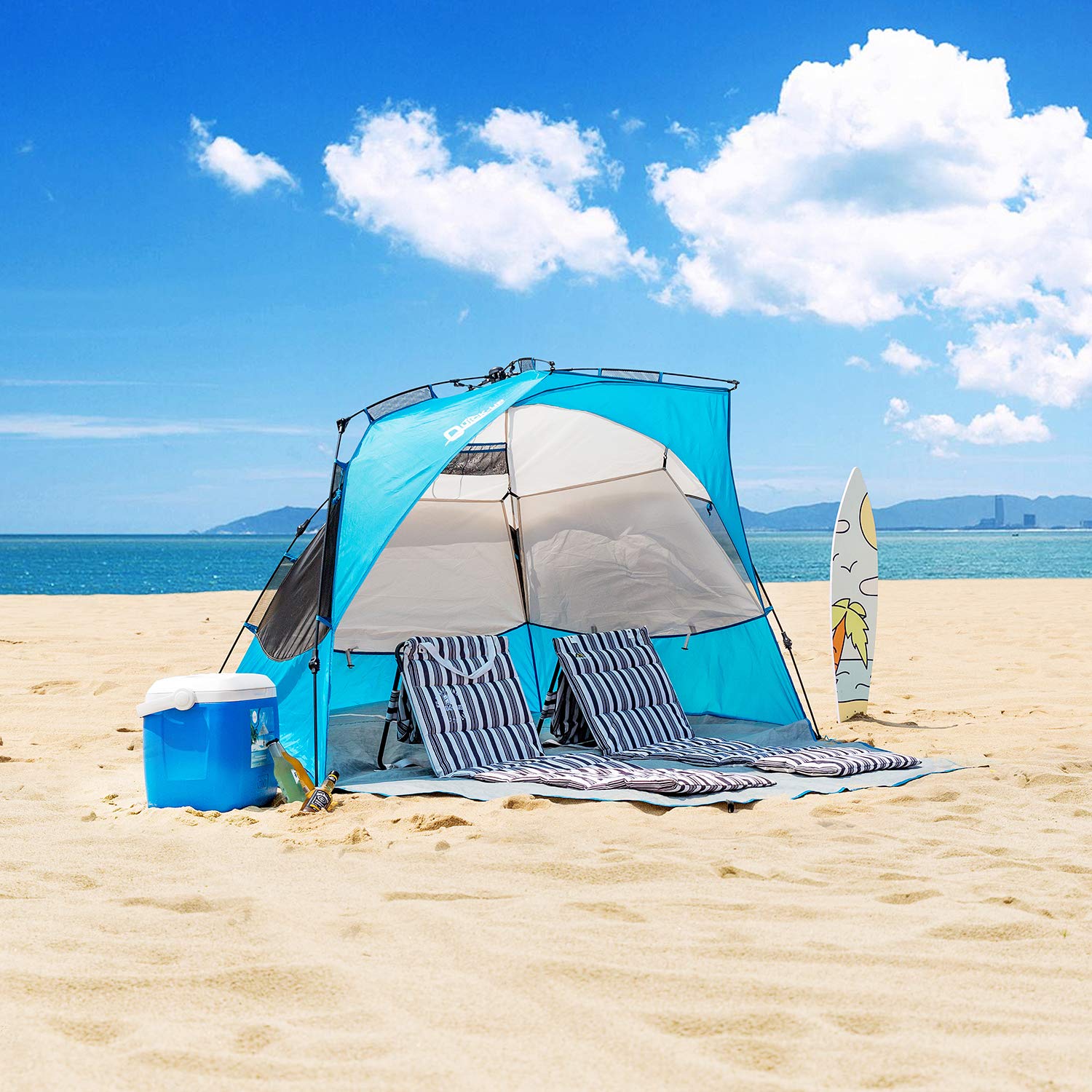 Beach Tent Pop Up with Sand Pocket for 4-5 Person, Easy Setup Sun Shelter Shade,UPF 50+ UV Protection, Lightweight & portable Beach Umbrella, Extended Floor&3 ventilating windows Extra XLarge