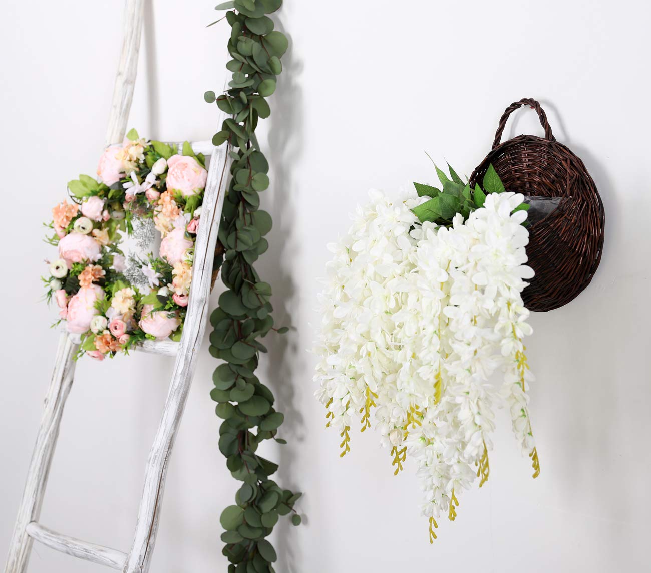 Duovlo Silk Wisteria Flower Artificial 2.13 Feet Hanging Wisteria Vine Fake Flower Bush String Home Party Wedding Decoration,Pack of 4(White)