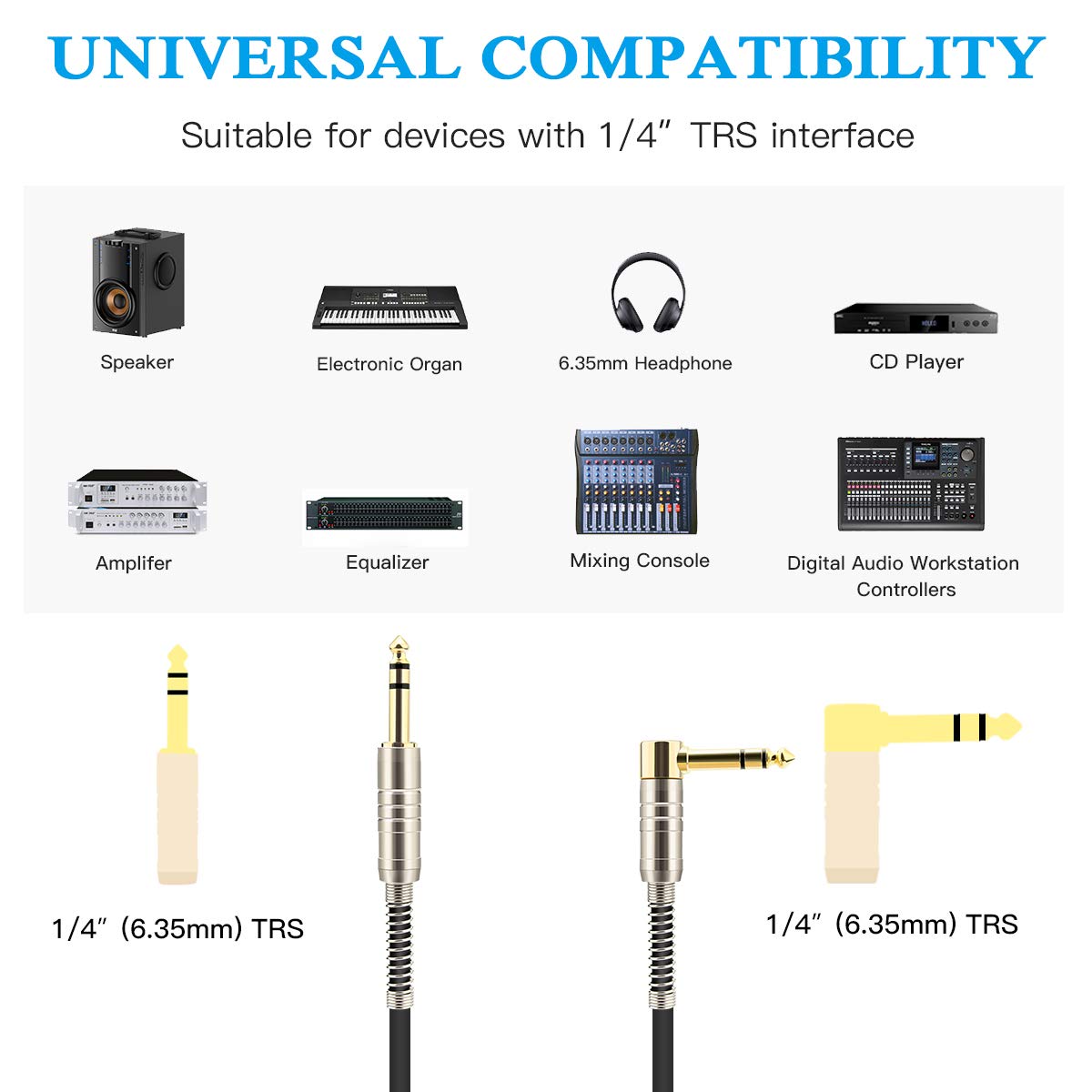 JOLGOO 1/4 inch TRS Cable, Straight to Right Angle 1/4 Inch 6.35mm Stereo Audio Cable for Studio Monitors,Mixer,Yamaha Speaker/Receiver, 10 Feet