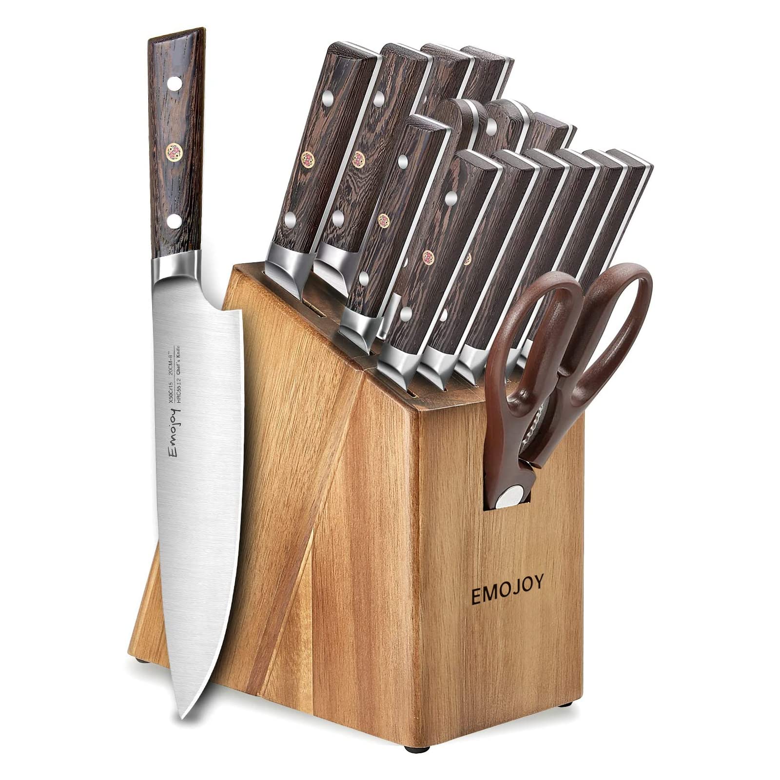 Emojoy Knife Set, 16 Pcs Kitchen Knife Set with Block, Chef Knife Set with sharpener, Stainless Steel Professional Knife for Kitchen