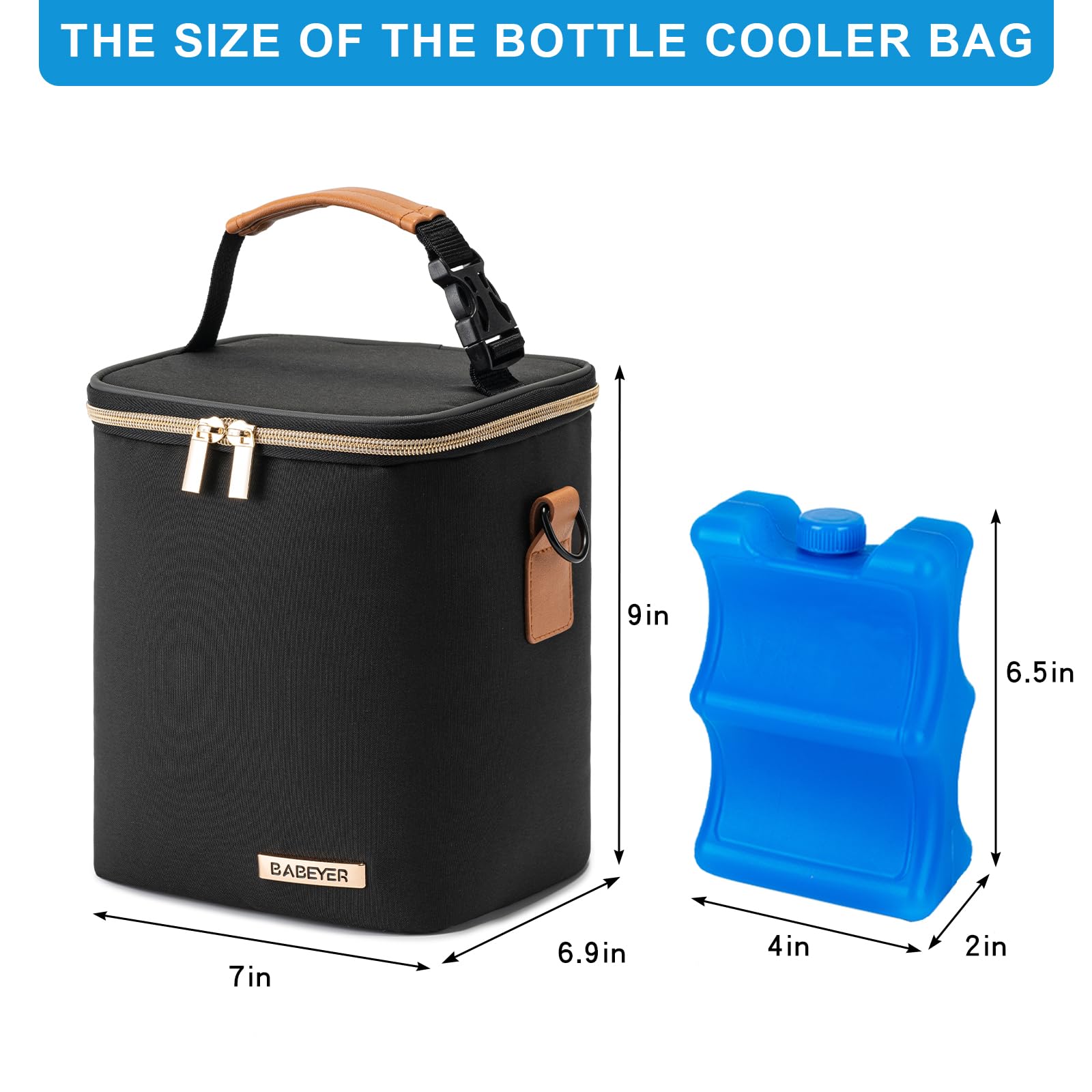 BABEYER Breast Milk Cooler Bag with Ice Pack Fits 4 Baby Bottles Up to 9 Ounce, Baby Bottle Bag with Shoulder Strap for Nursing Mom Daycare, Black