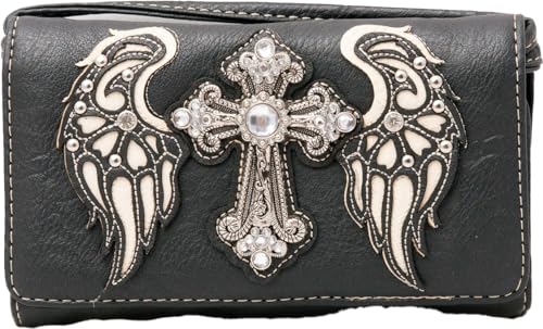 HW Collection Western Purse Rhinestone Cross Angelic Wings Women Handbag Wallet Set (Black)