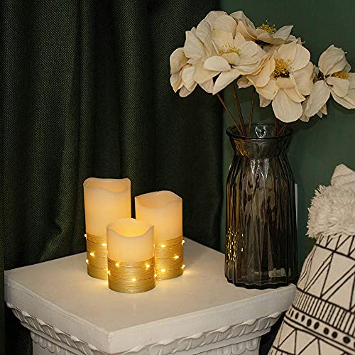 BeMoment Flickering Flameless Candles with Timer - Battery Operated, White LED String Lights, Gold Accent, Ideal for Home Decor, Fireplace, and Events, 3pcs (D 3" x H 4" 5" 6")