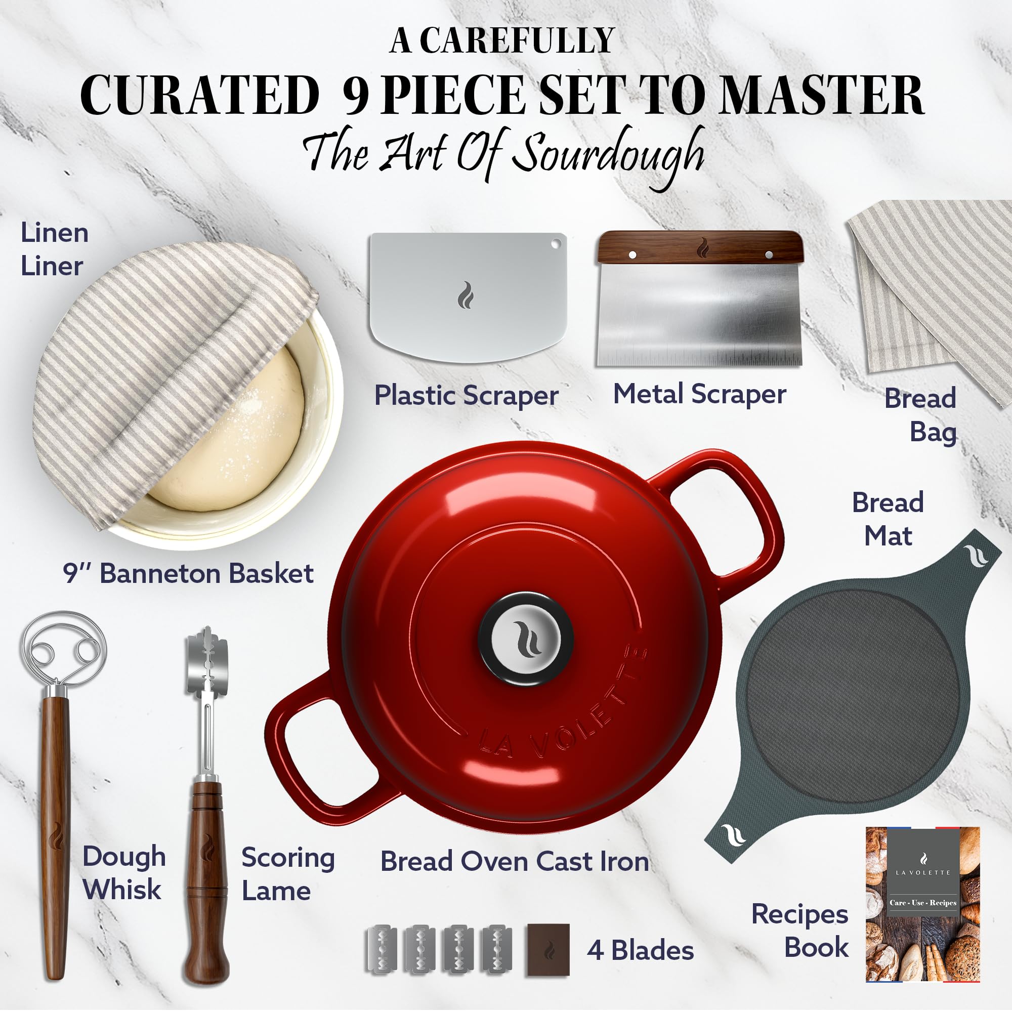Enameled Cast Iron Bread Pan With Lid 9 Piece Complete Bread Baking Set | Dutch Oven for Bread Baking | 10 Inch Bread Oven with Lid | Thick Enamel | Silicone Baking Mat | Banneton | 6 Quart (Blue)