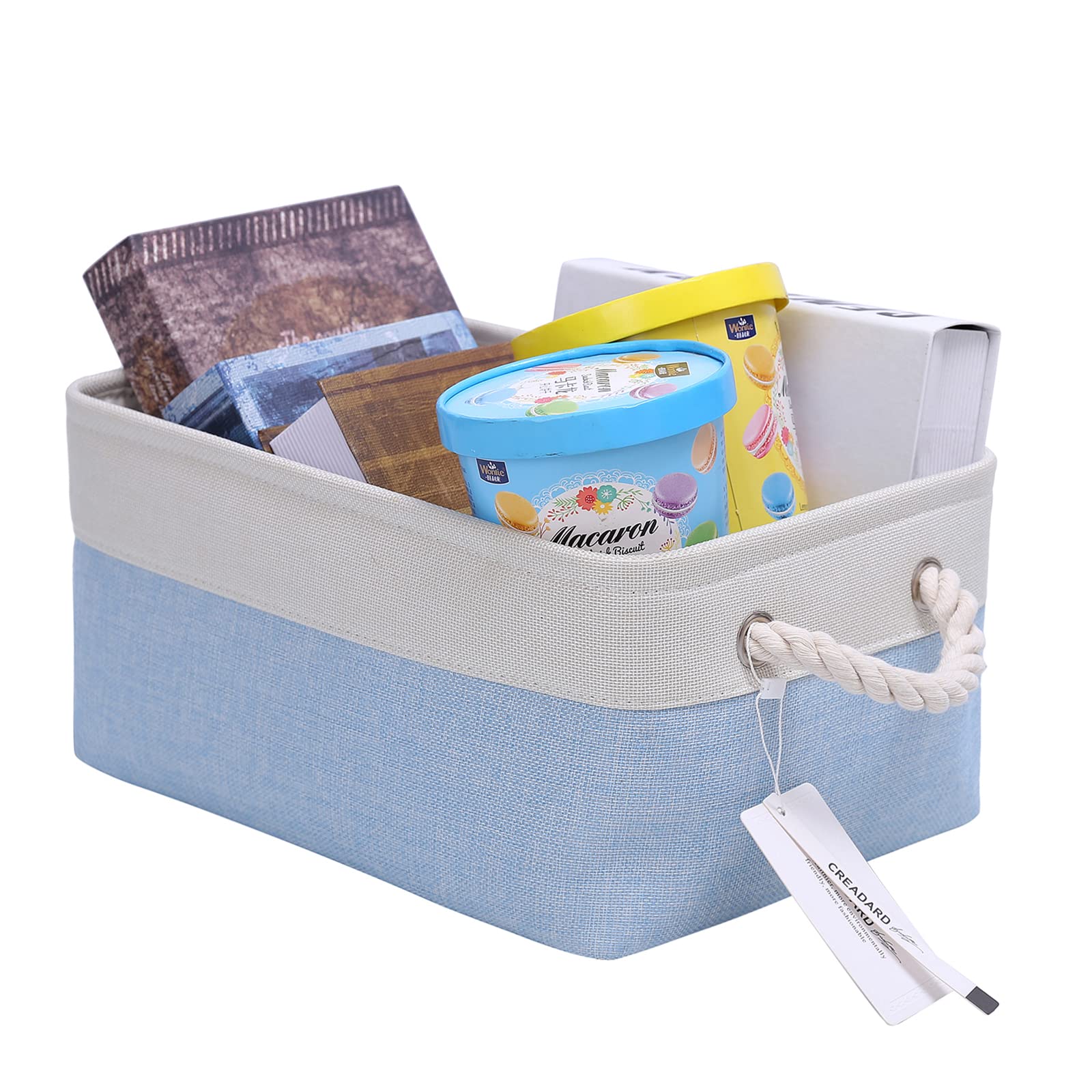 Fabric Storage Basket, Foldable Linen Storage Box for Nursery and Home, Collapsible Canvas Shelf Basket for Wardrobe or Bedroom, Blue and White
